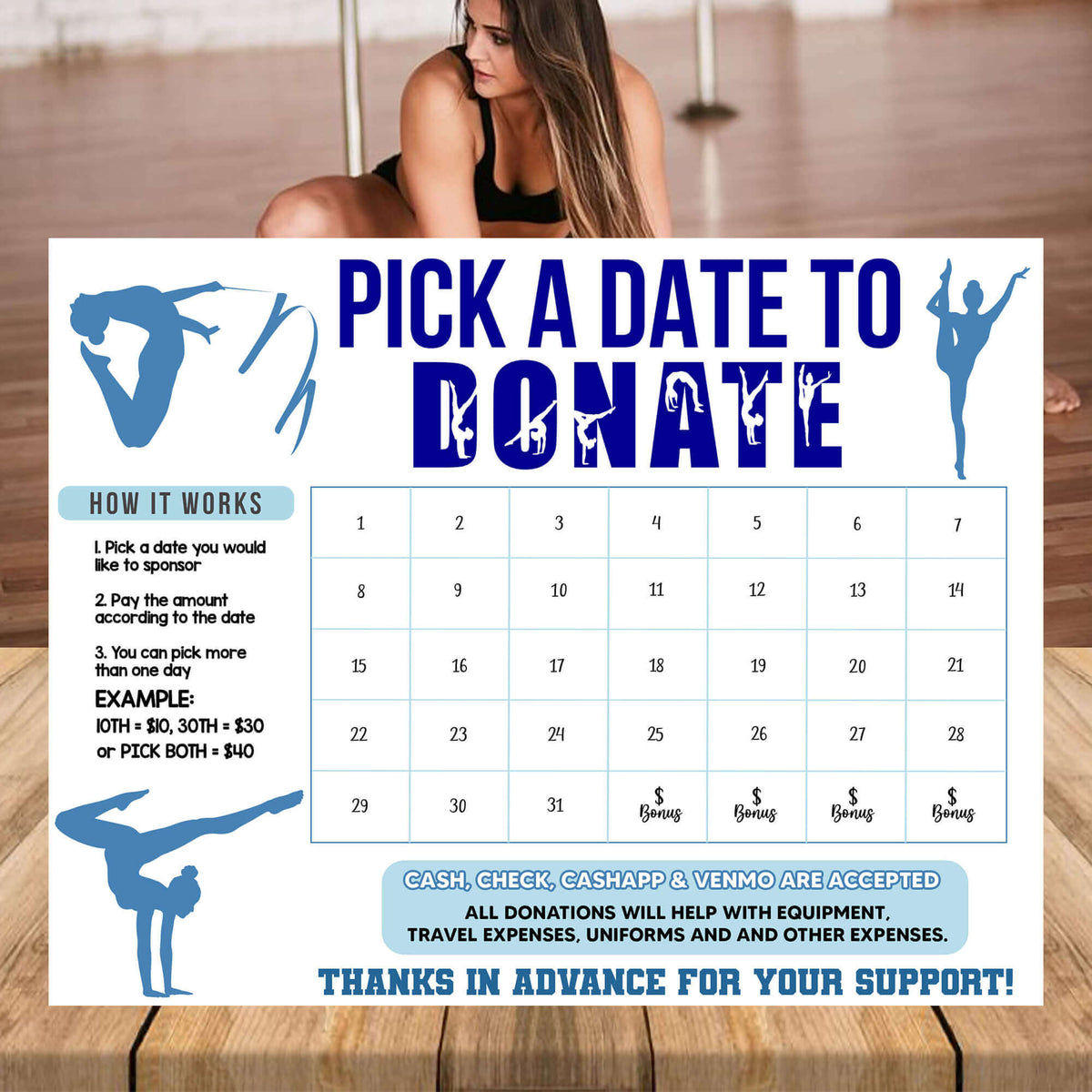 Minimalist Gymnastics Themed Pick a Date to Donate Fundraising Calendar ...