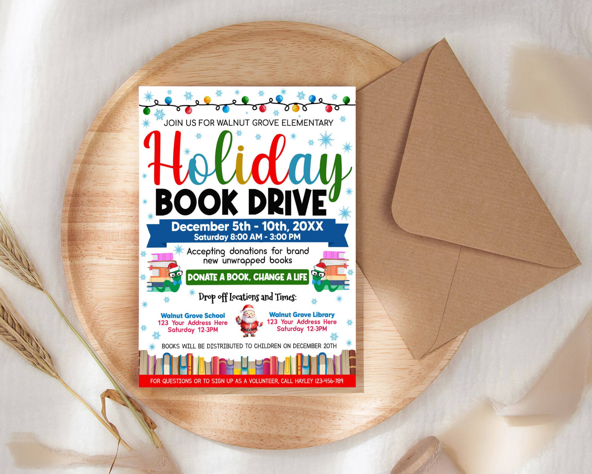 DIY Holiday Book Drive Flyer | Christmas School Fundraising Event Flyer ...