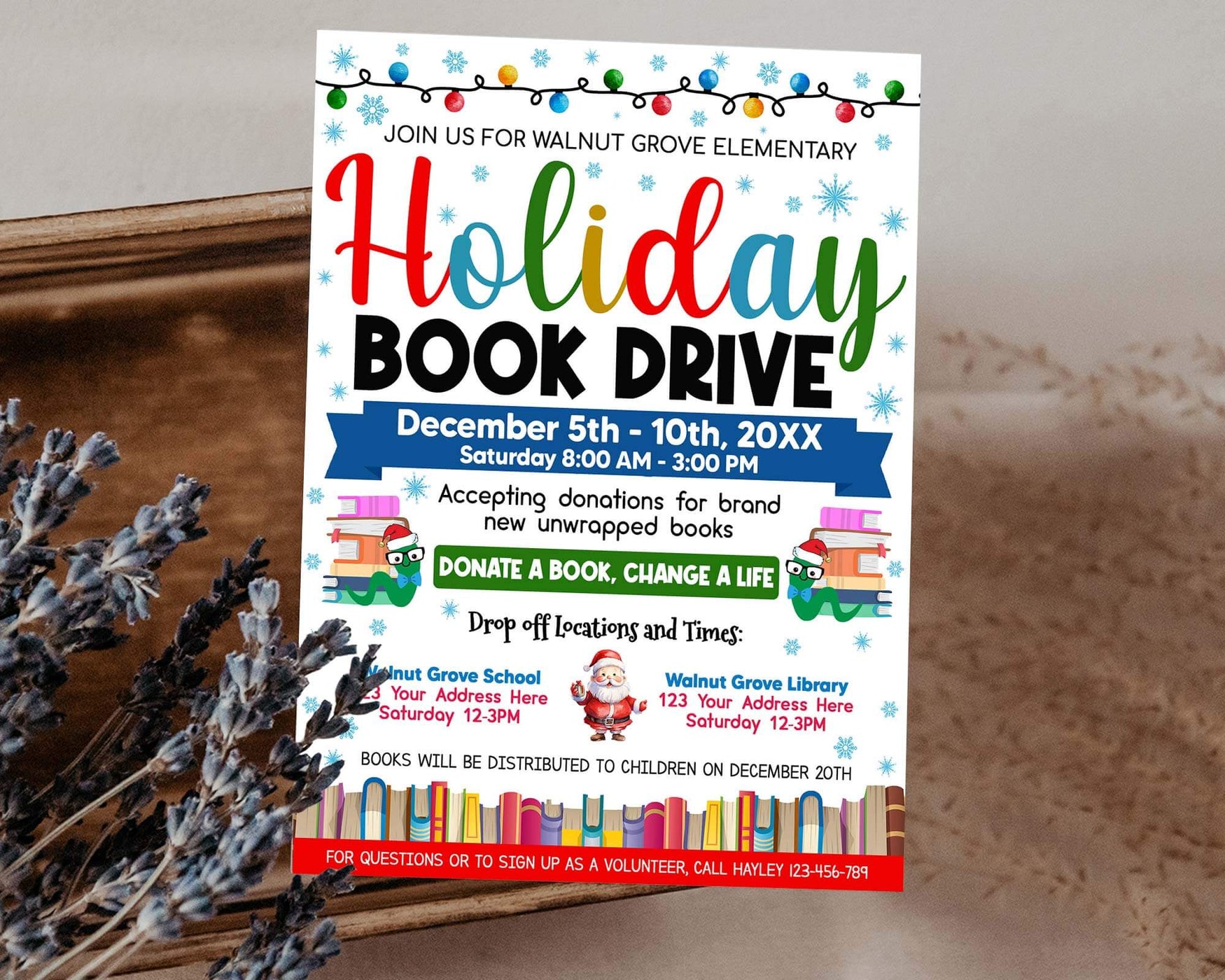 DIY Holiday Book Drive Flyer | Christmas School Fundraising Event Flyer ...