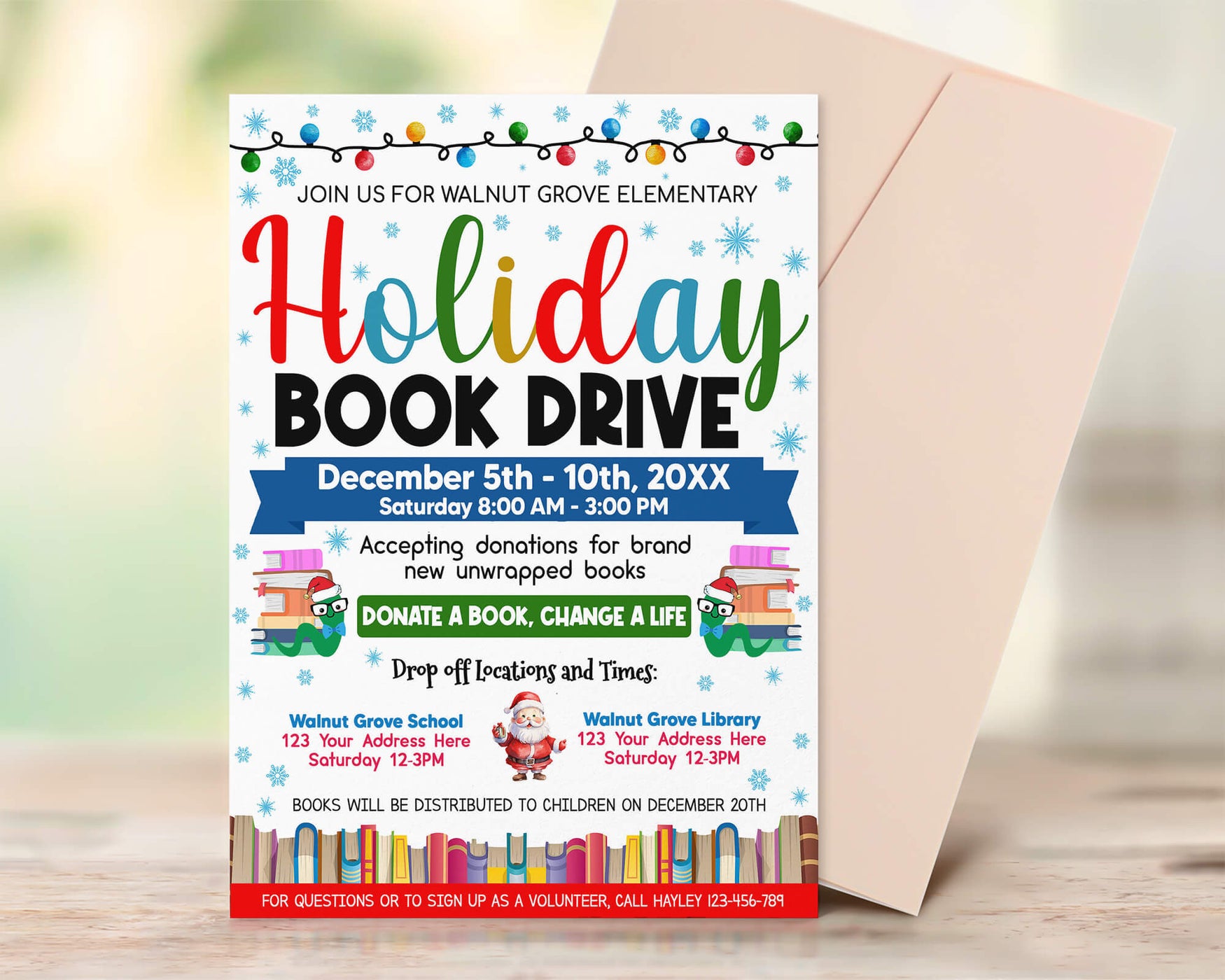 DIY Holiday Book Drive Flyer | Christmas School Fundraising Event Flyer ...