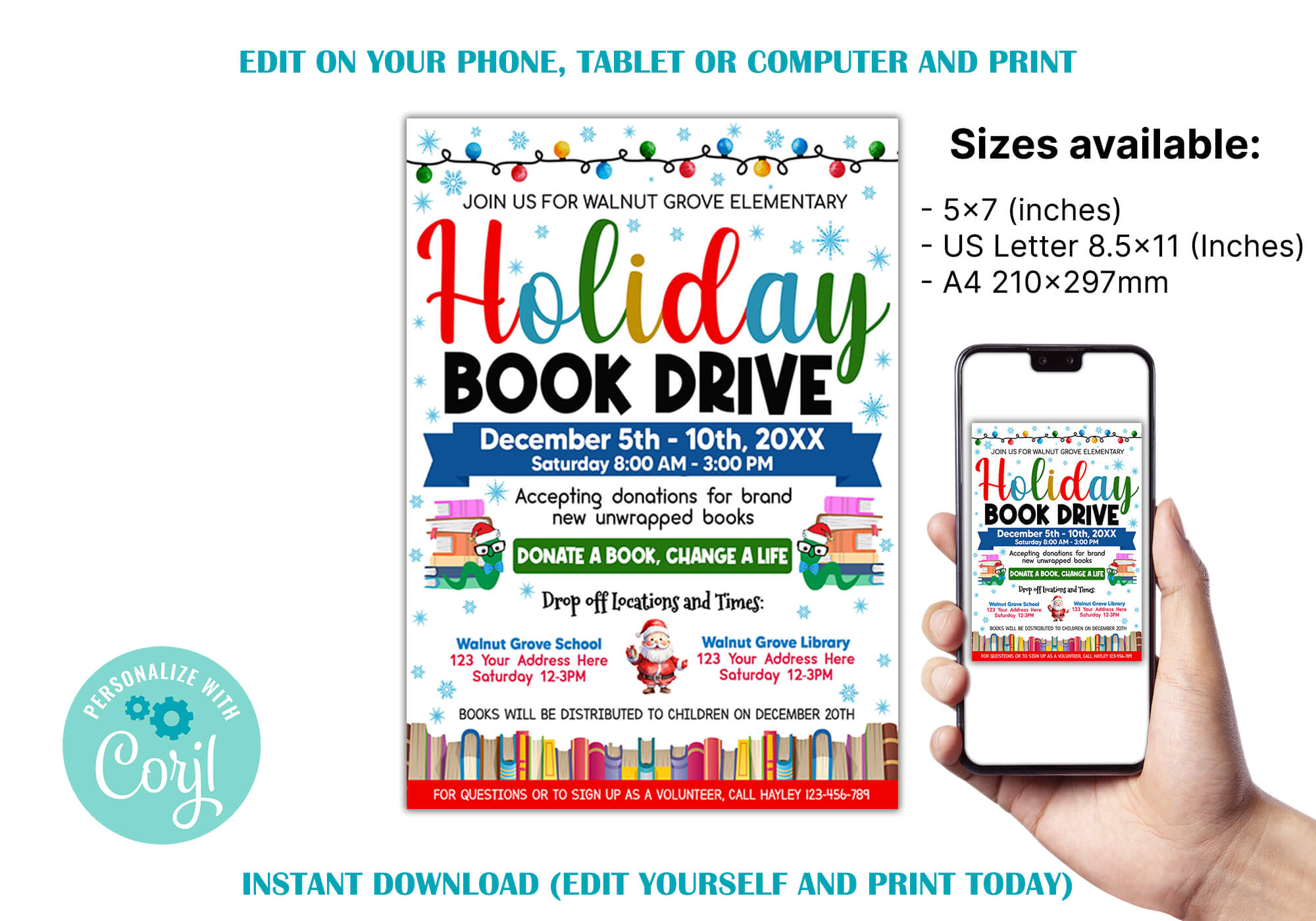 DIY Holiday Book Drive Flyer | Christmas School Fundraising Event Flyer ...