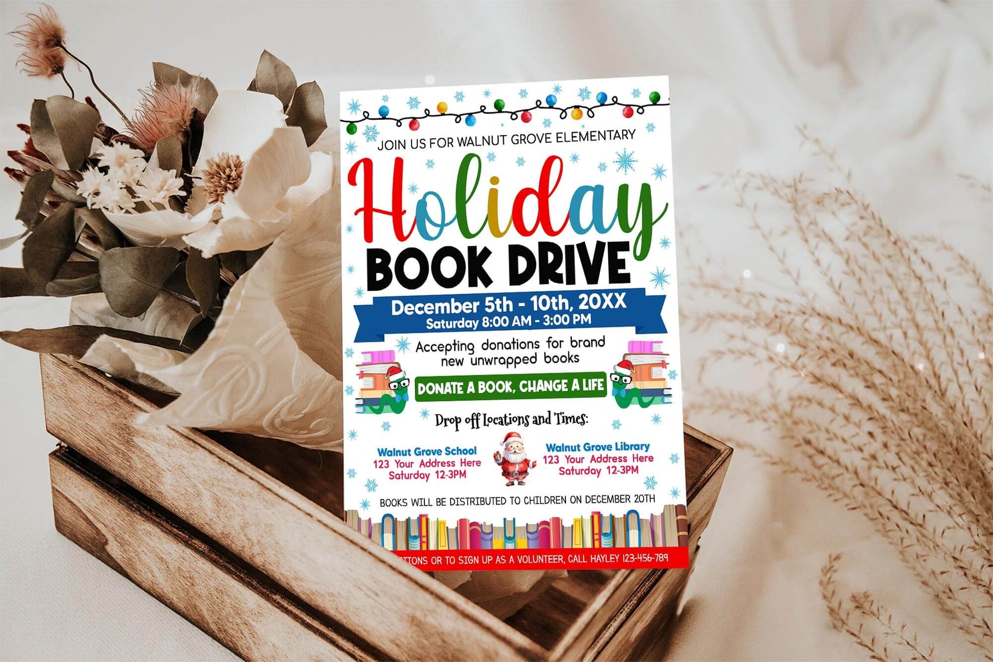DIY Holiday Book Drive Flyer | Christmas School Fundraising Event Flyer ...
