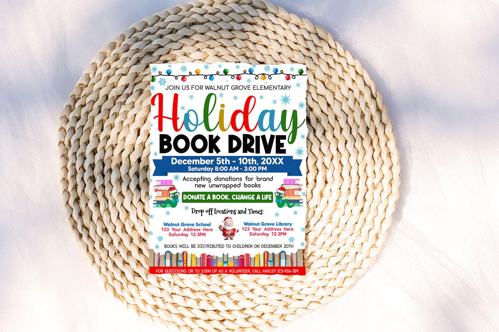 DIY Holiday Book Drive Flyer | Christmas School Fundraising Event Flyer ...