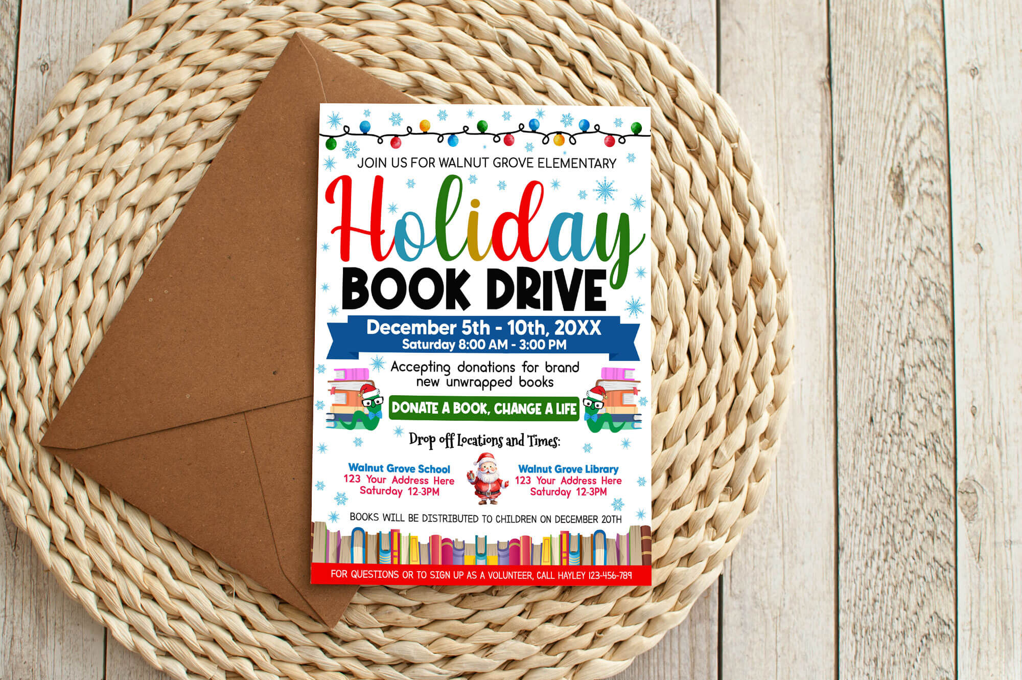 DIY Holiday Book Drive Flyer | Christmas School Fundraising Event Flyer ...