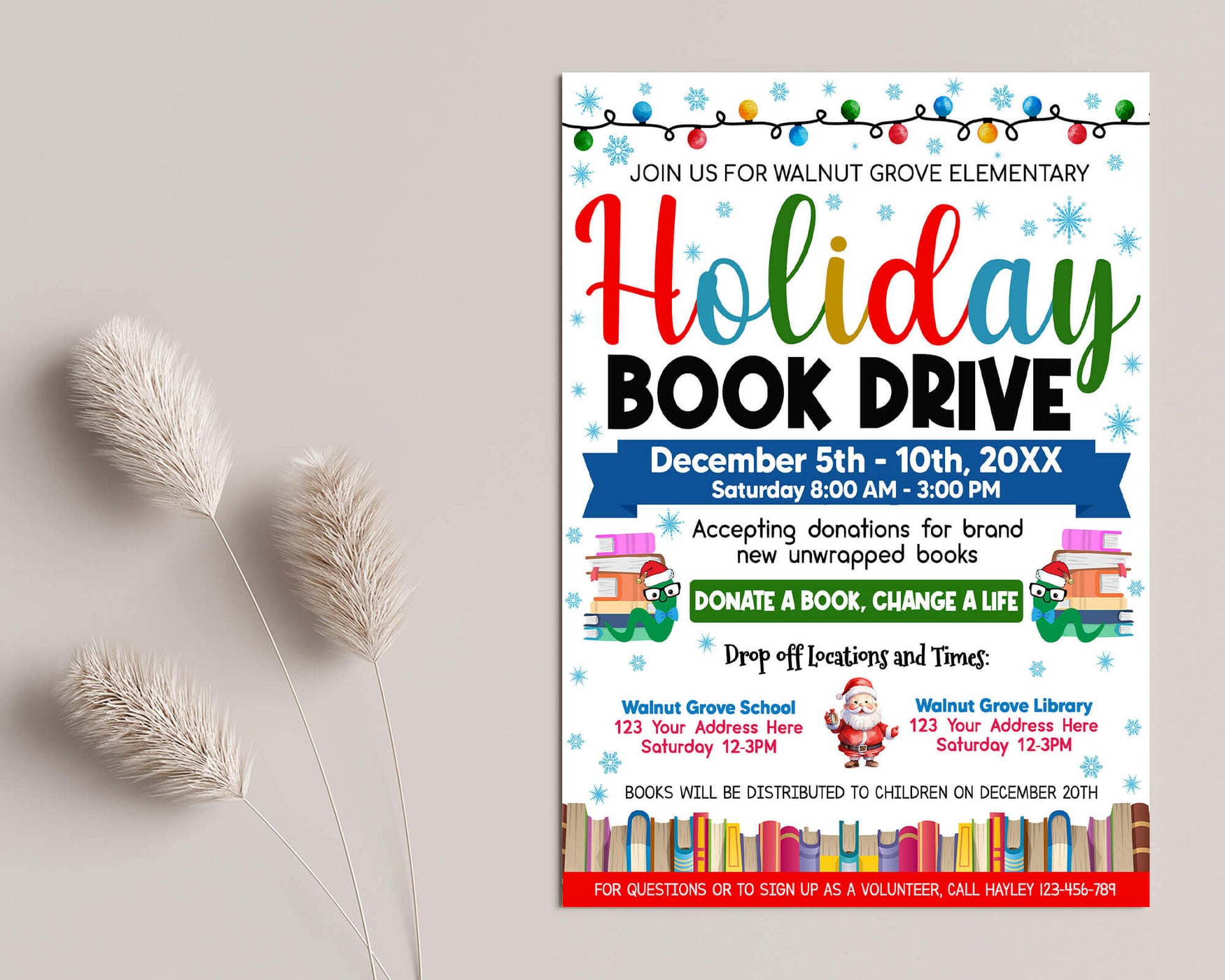 DIY Holiday Book Drive Flyer | Christmas School Fundraising Event Flyer ...