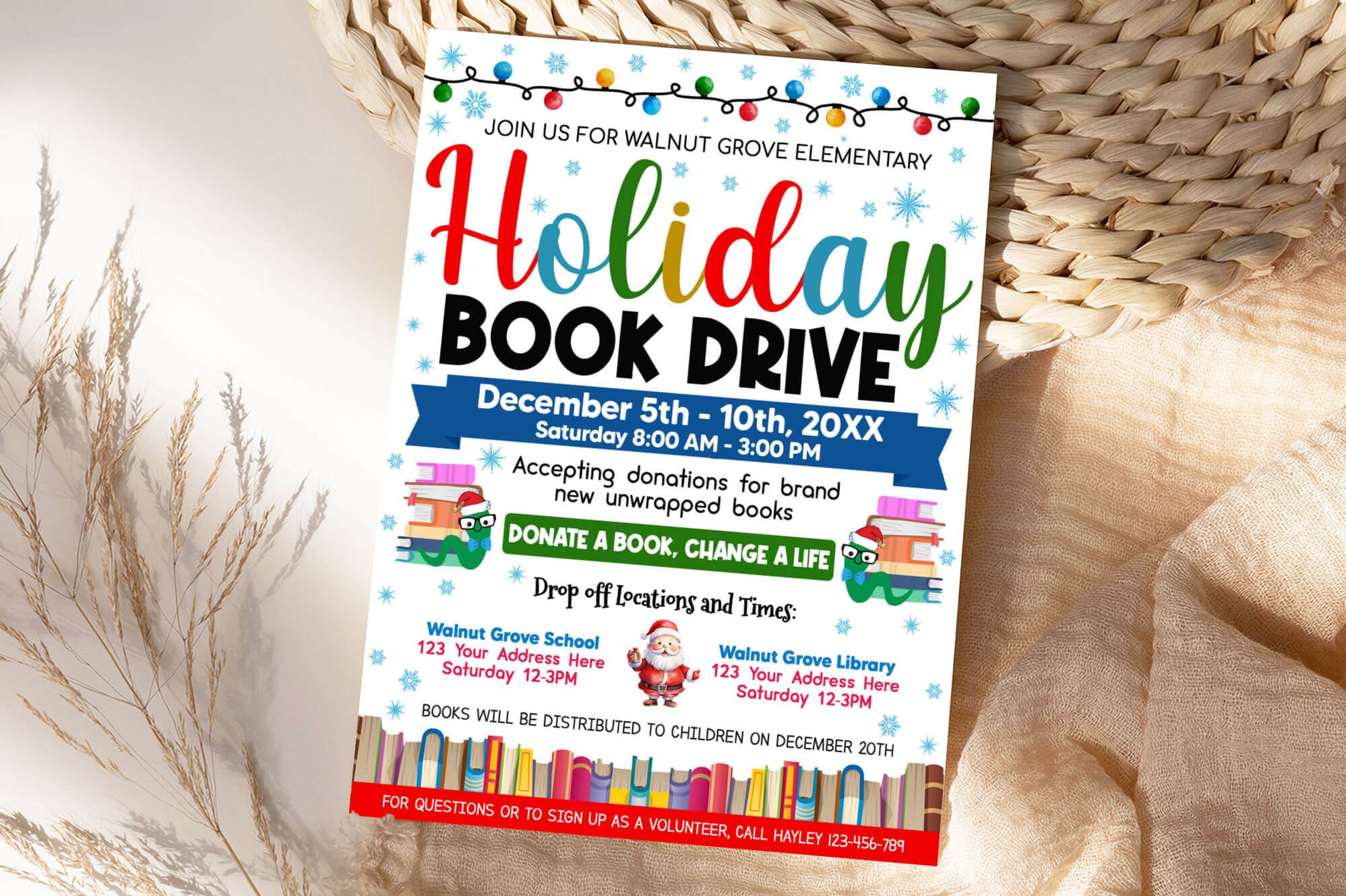 DIY Holiday Book Drive Flyer | Christmas School Fundraising Event Flyer ...