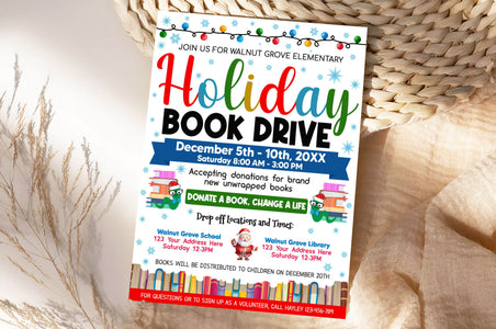 DIY Holiday Book Drive Flyer | Christmas School Fundraising Event Flyer ...