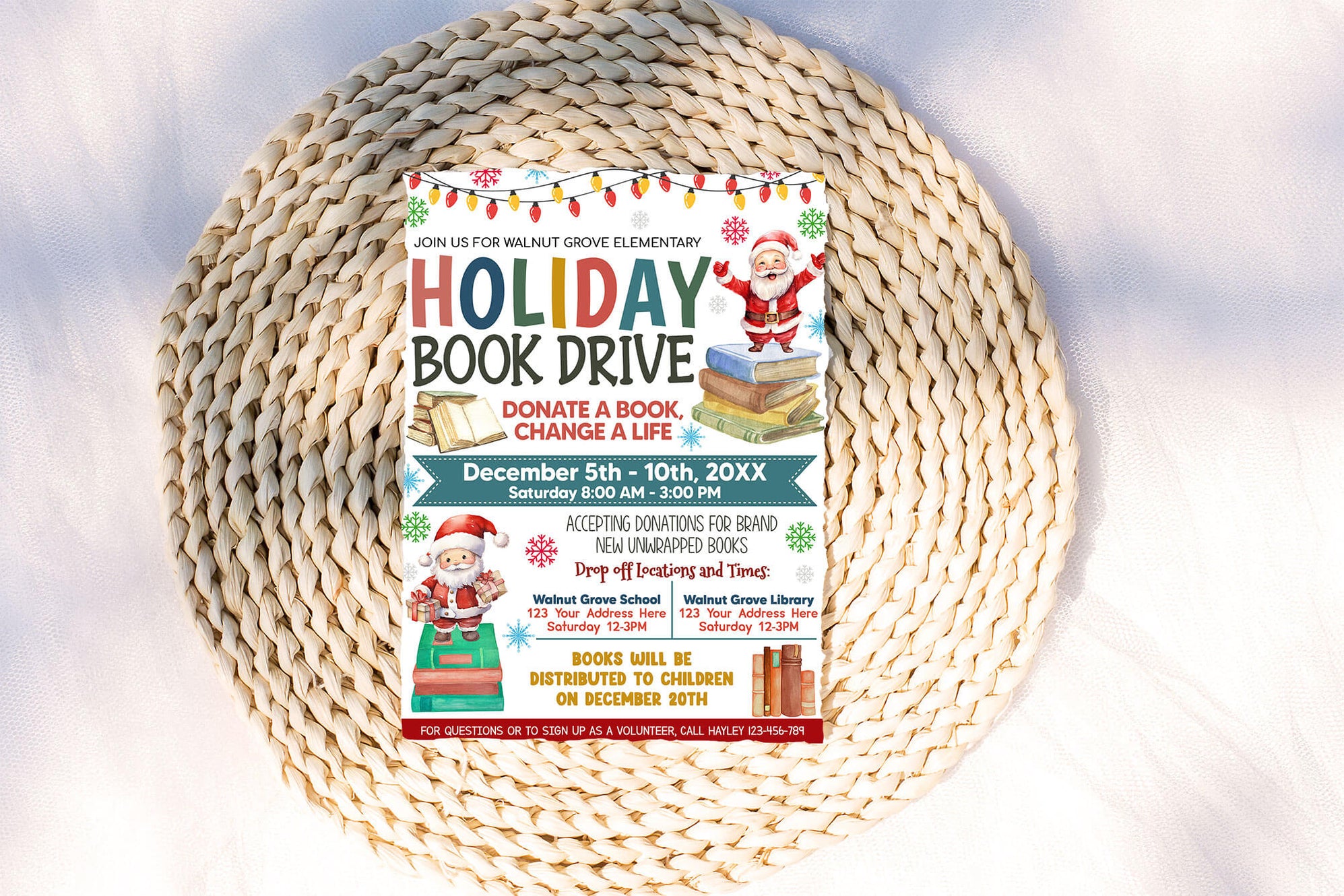 Customizable Holiday Book Drive Flyer Template | Christmas School Fundraising Drive Poster ...