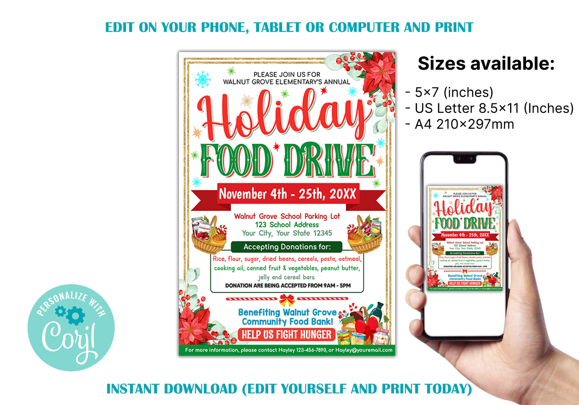 DIY Holiday Food Drive Flyer | School and Community Food Drive ...