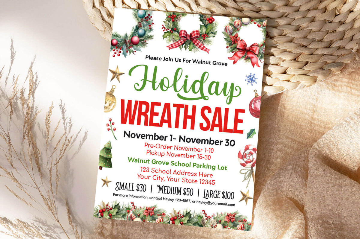 DIY Holiday Wreath Sale Flyer | Christmas Fundraising Sale Event ...