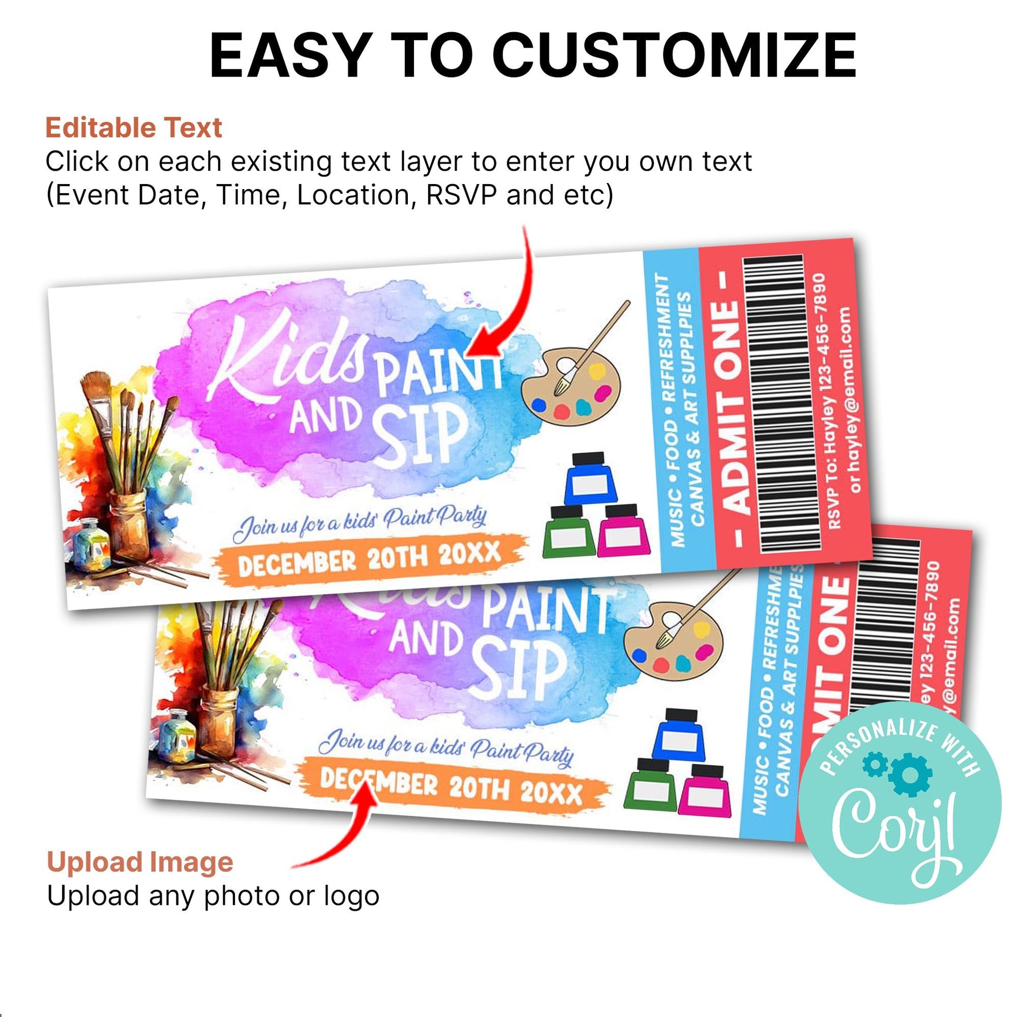 Kids Sip and Paint Ticket and Ticket Bundle Template | Paint Party ...