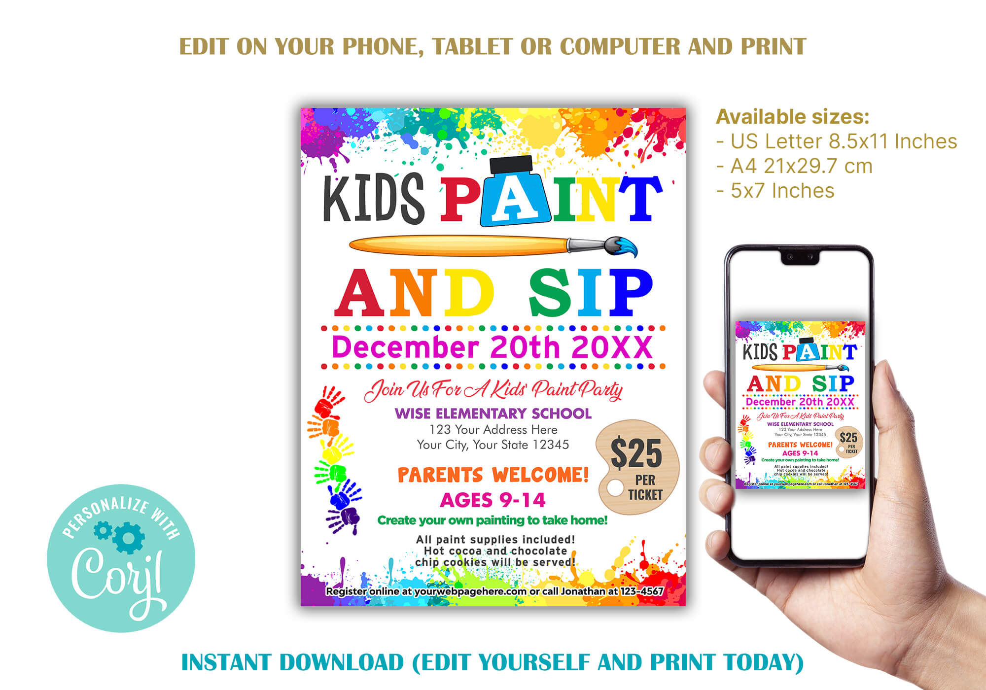 Editable Kids Sip and Paint Party Flyer | Kids Paint Party Event Invite ...