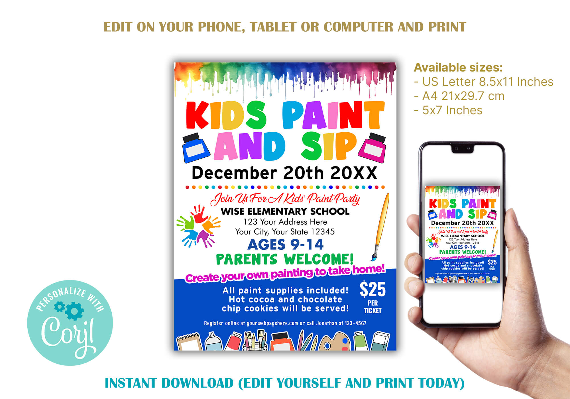 Customizable Kids Sip and Paint Party Flyer Template | Kids Party ...