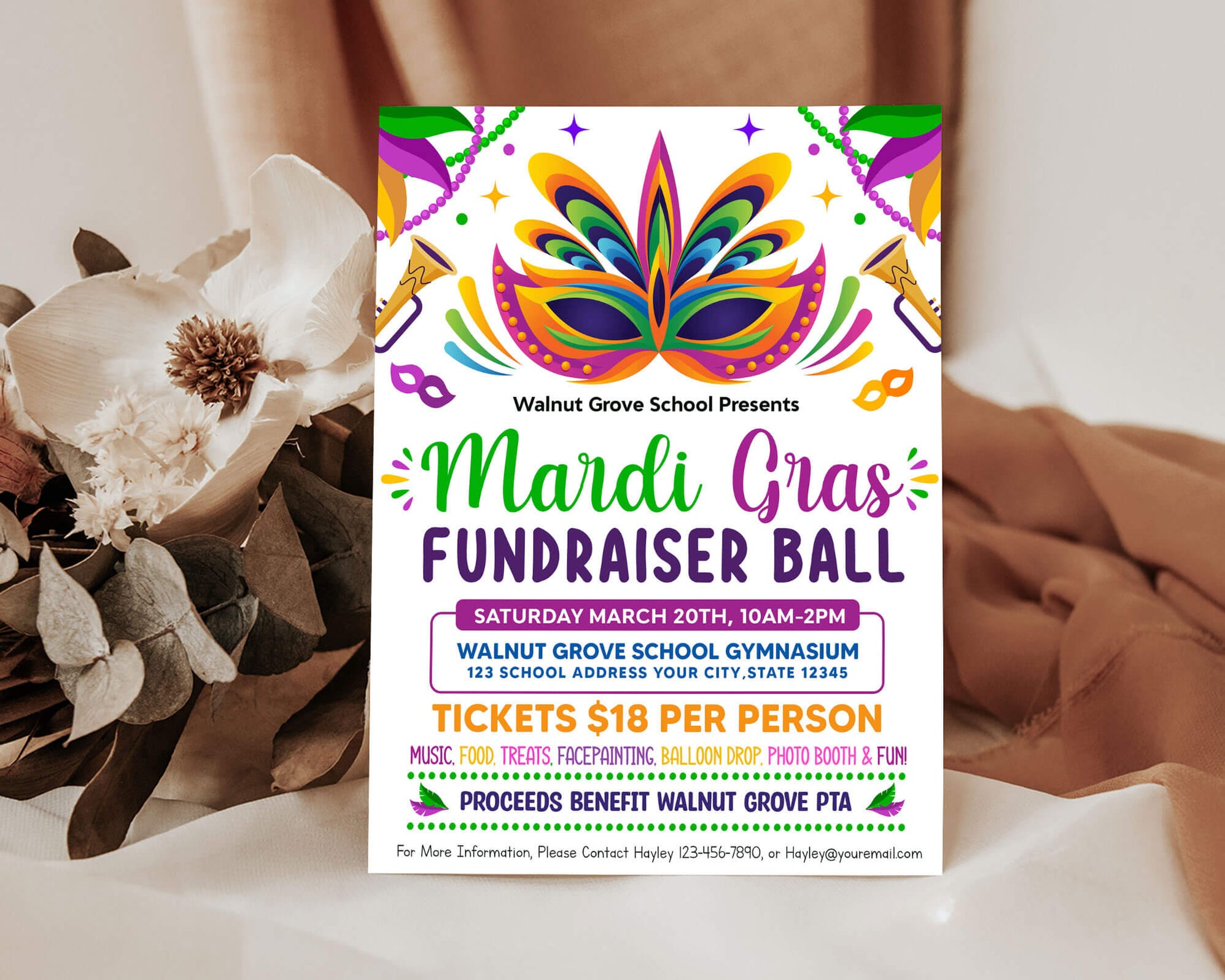Customizable Mardi Gras Fundraiser Flyer | School Masquerade Theme ...