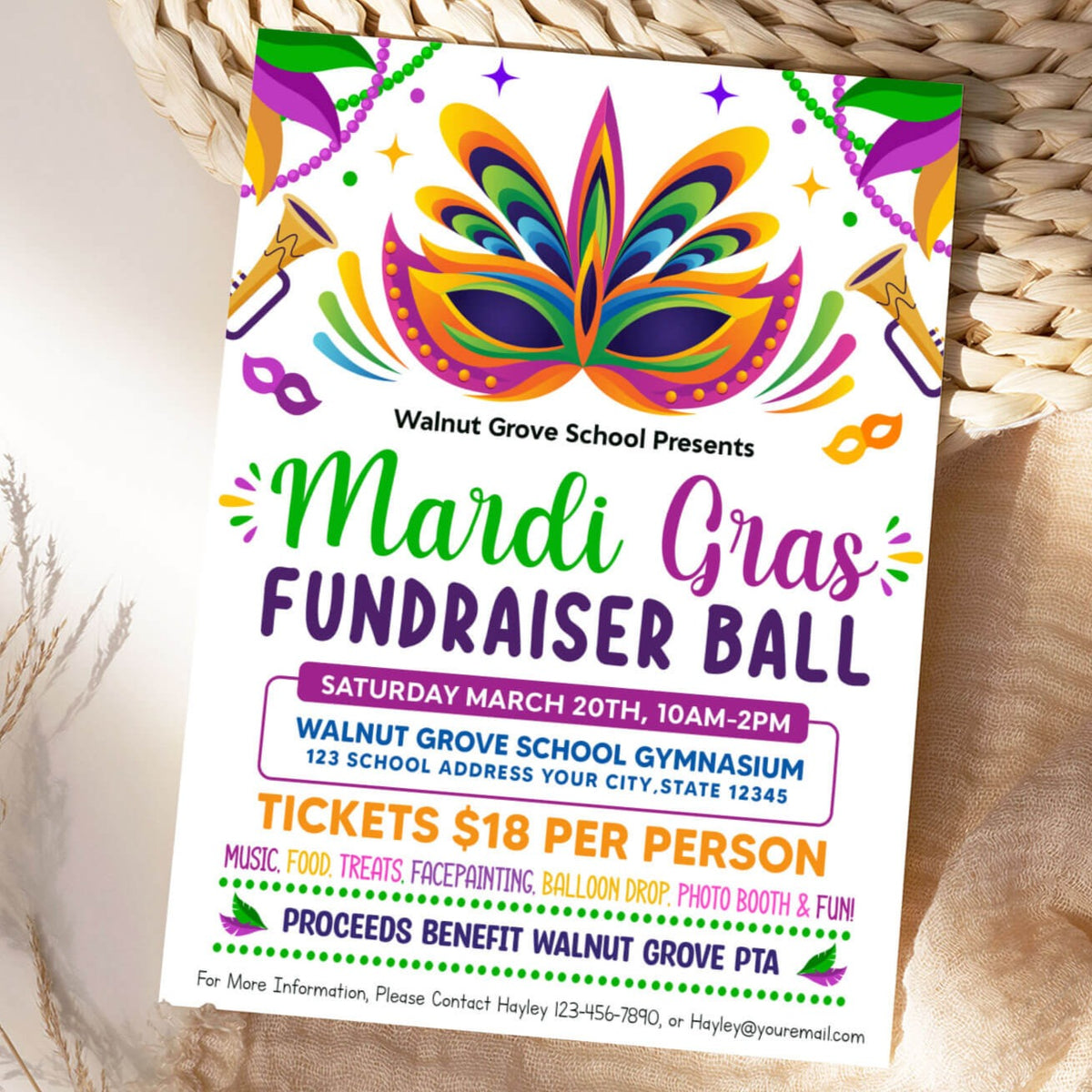 Customizable Mardi Gras Fundraiser Flyer | School Masquerade Theme ...