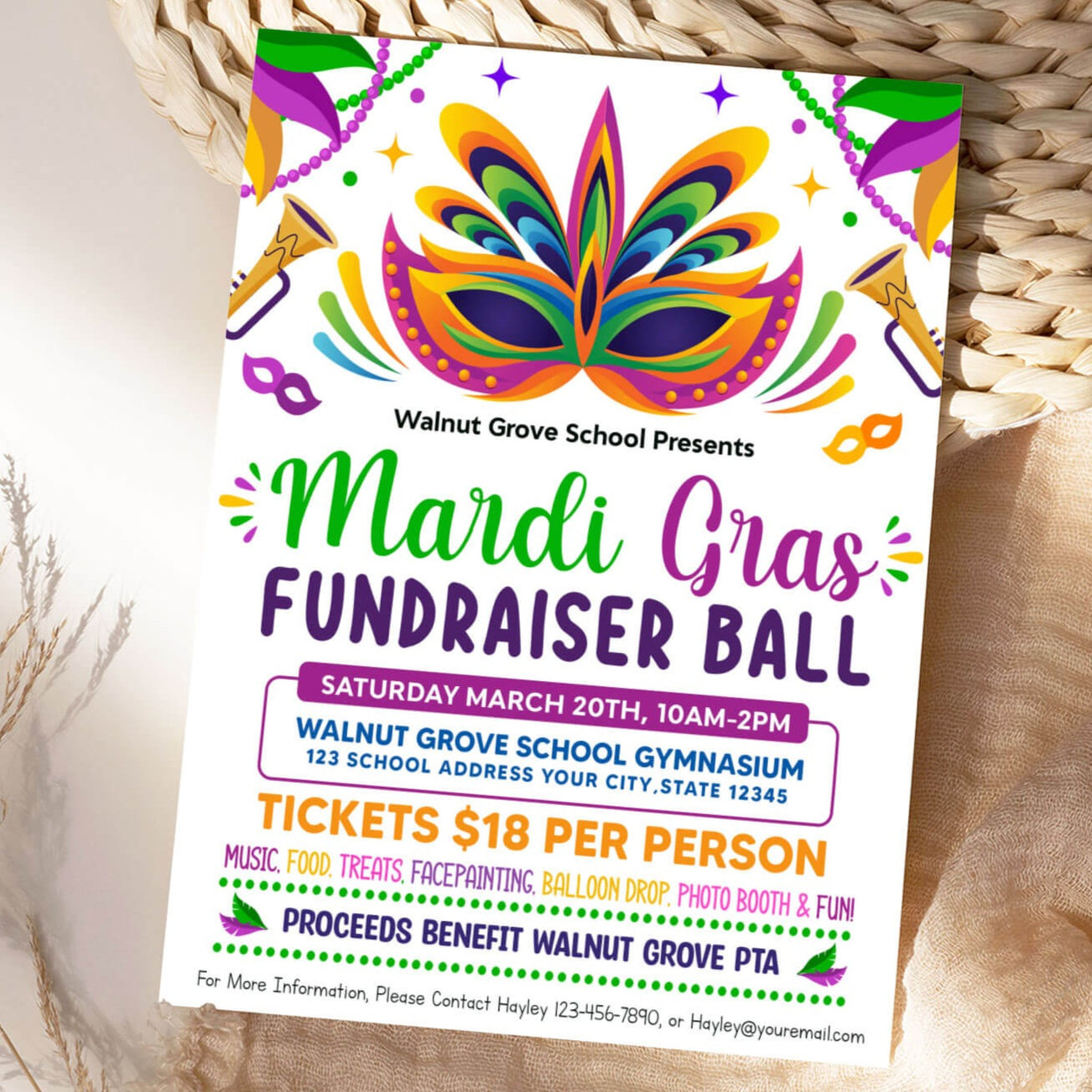 Customizable Mardi Gras Fundraiser Flyer | School Masquerade Theme ...