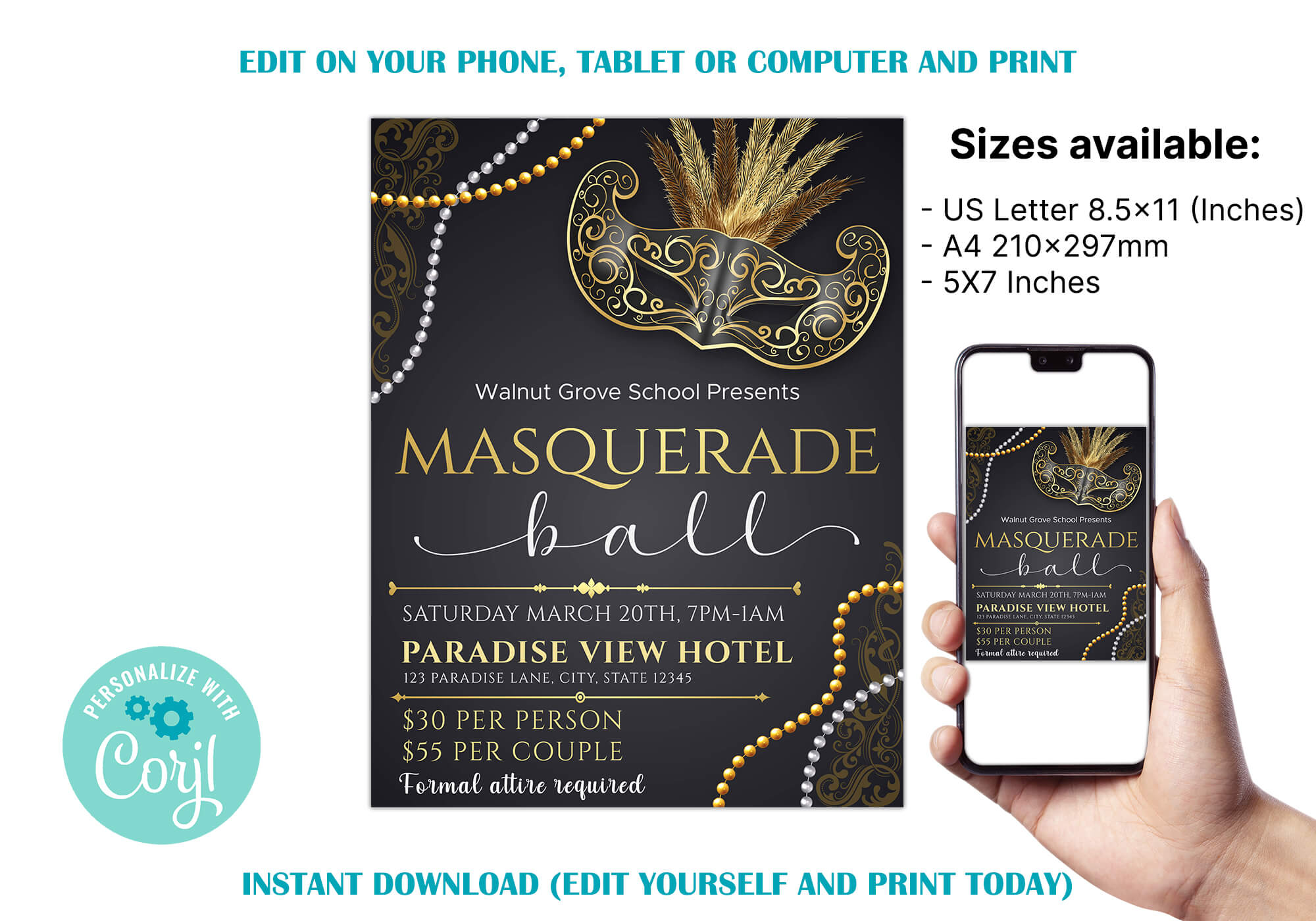 Customizable Masquerade Ball Prom Flyer | School Masquerade Theme ...