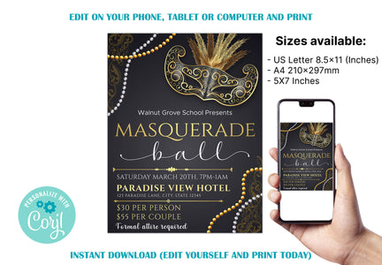 Customizable Masquerade Ball Prom Flyer | School Masquerade Theme ...