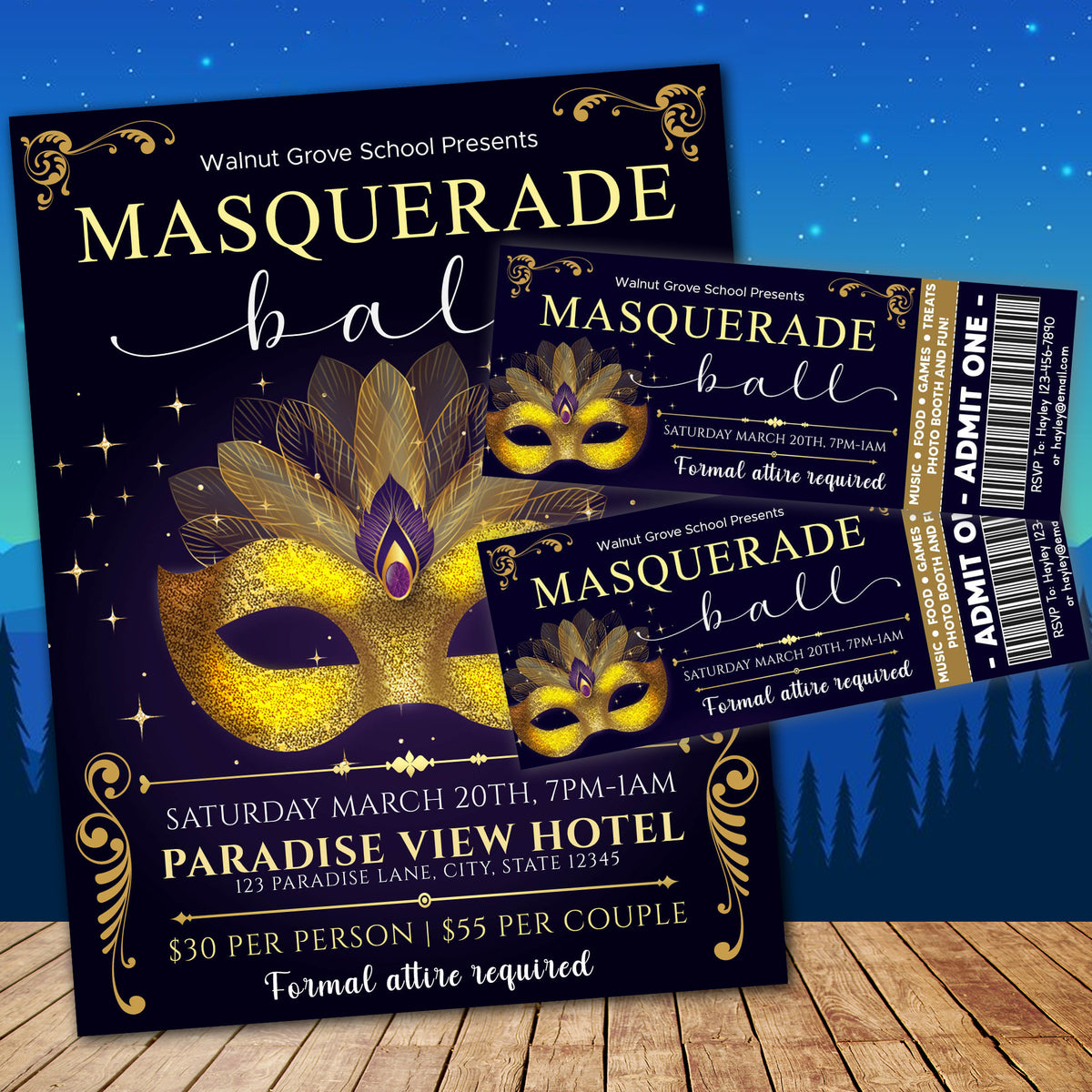 Customizable Masquerade Theme Ball Invitation Flyer and Ticket Bundle ...