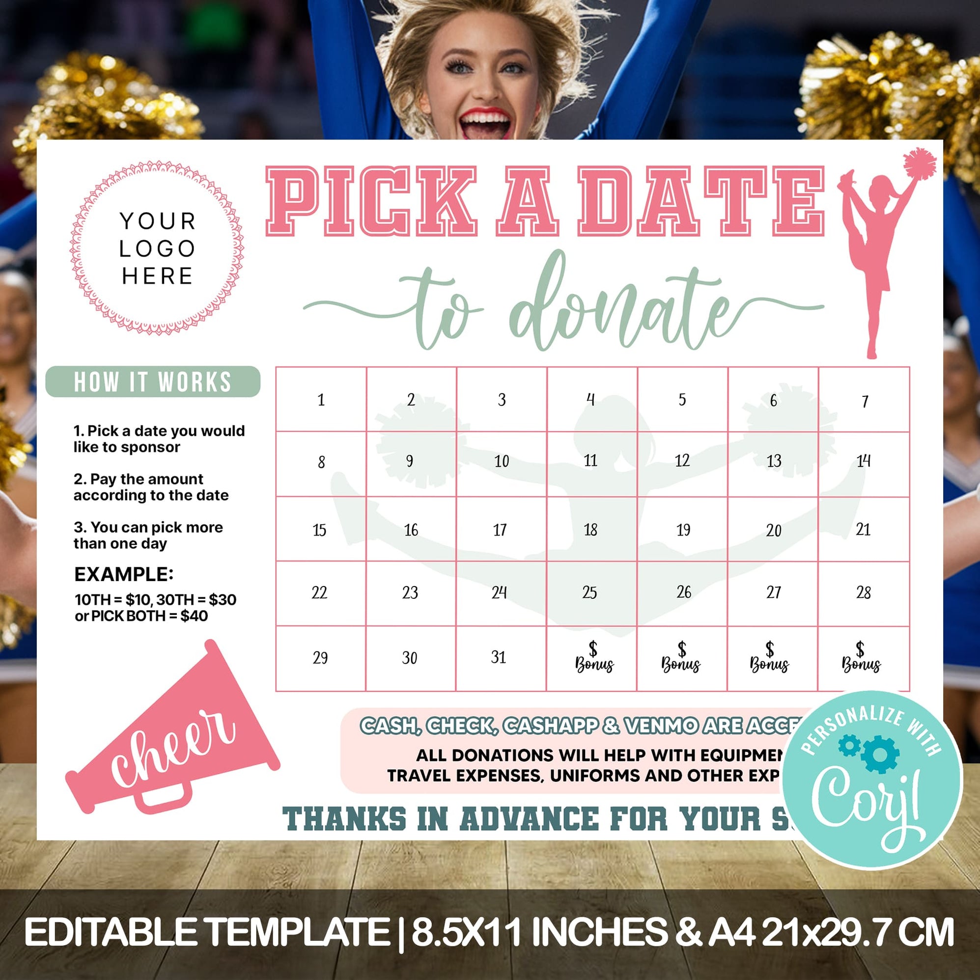 Soft Pastel Minimalist Cheerleader Donation Calendar Printable - Posh Park