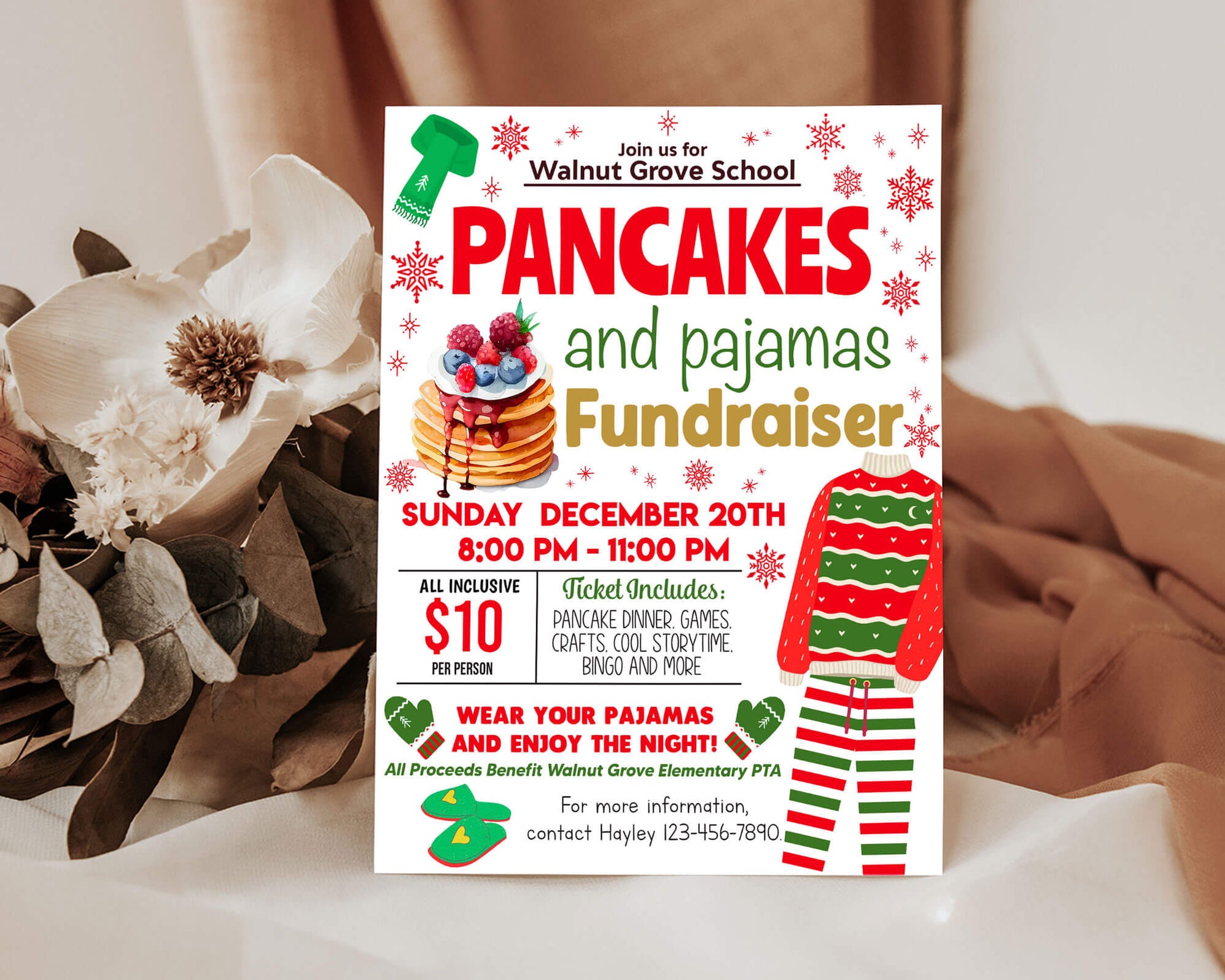 DIY Pancakes and Pajamas Fundraiser Flyer | School PTA PTO Christmas ...