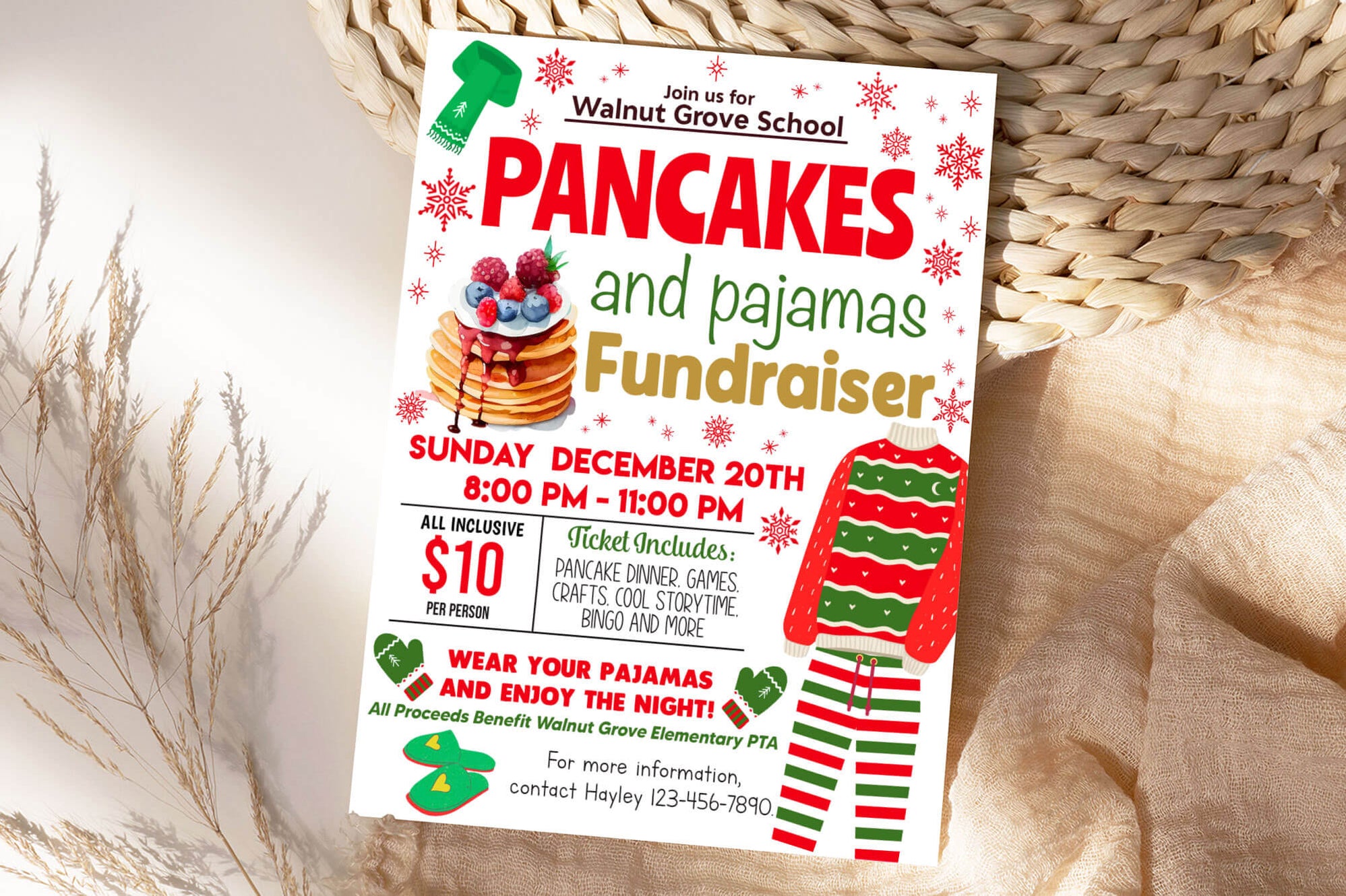 DIY Pancakes and Pajamas Fundraiser Flyer | School PTA PTO Christmas ...