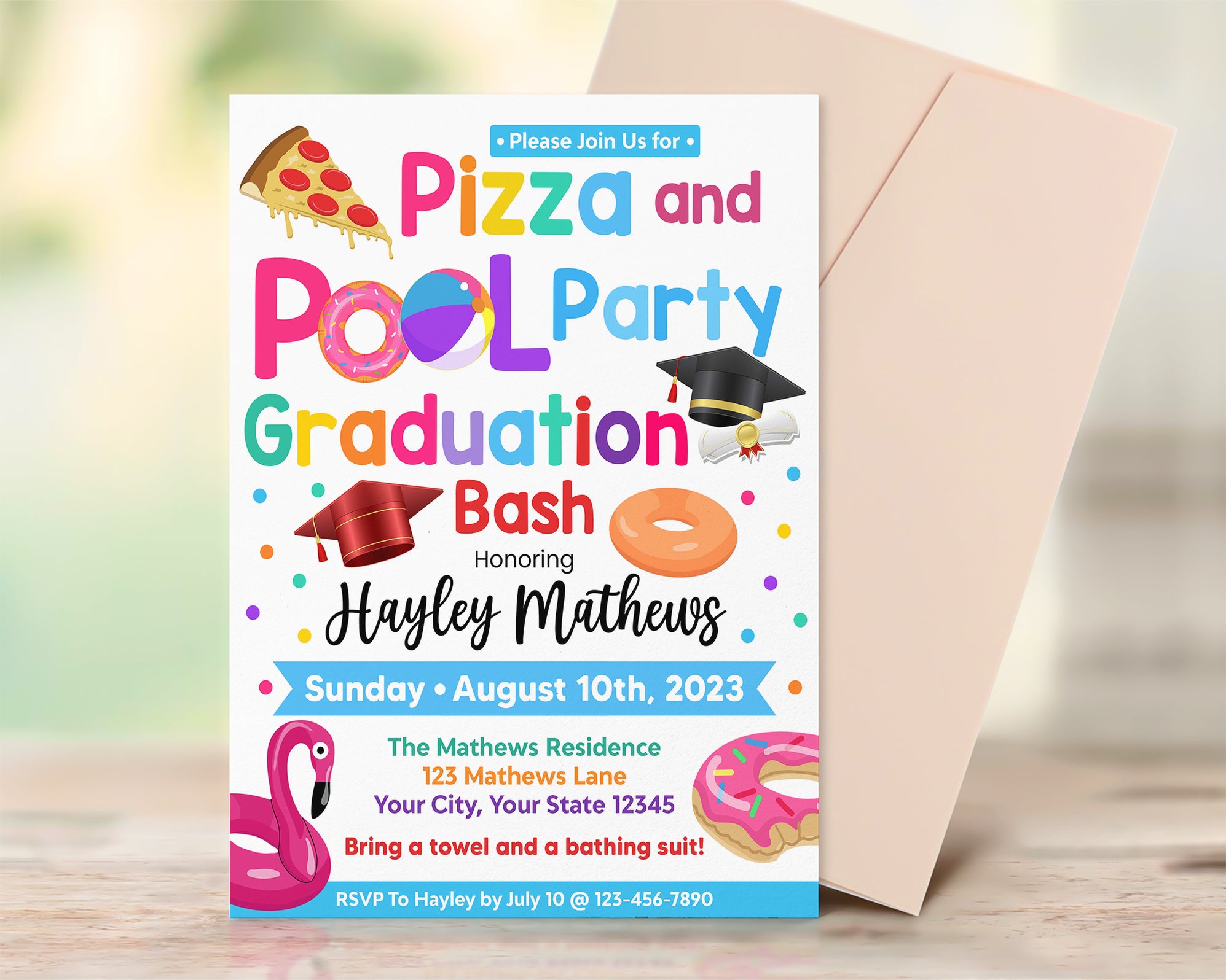 DIY Pizza and Pool Graduation Party Invitation | Graduation Bash Party ...