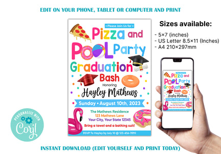 DIY Pizza and Pool Graduation Party Invitation | Graduation Bash Party ...