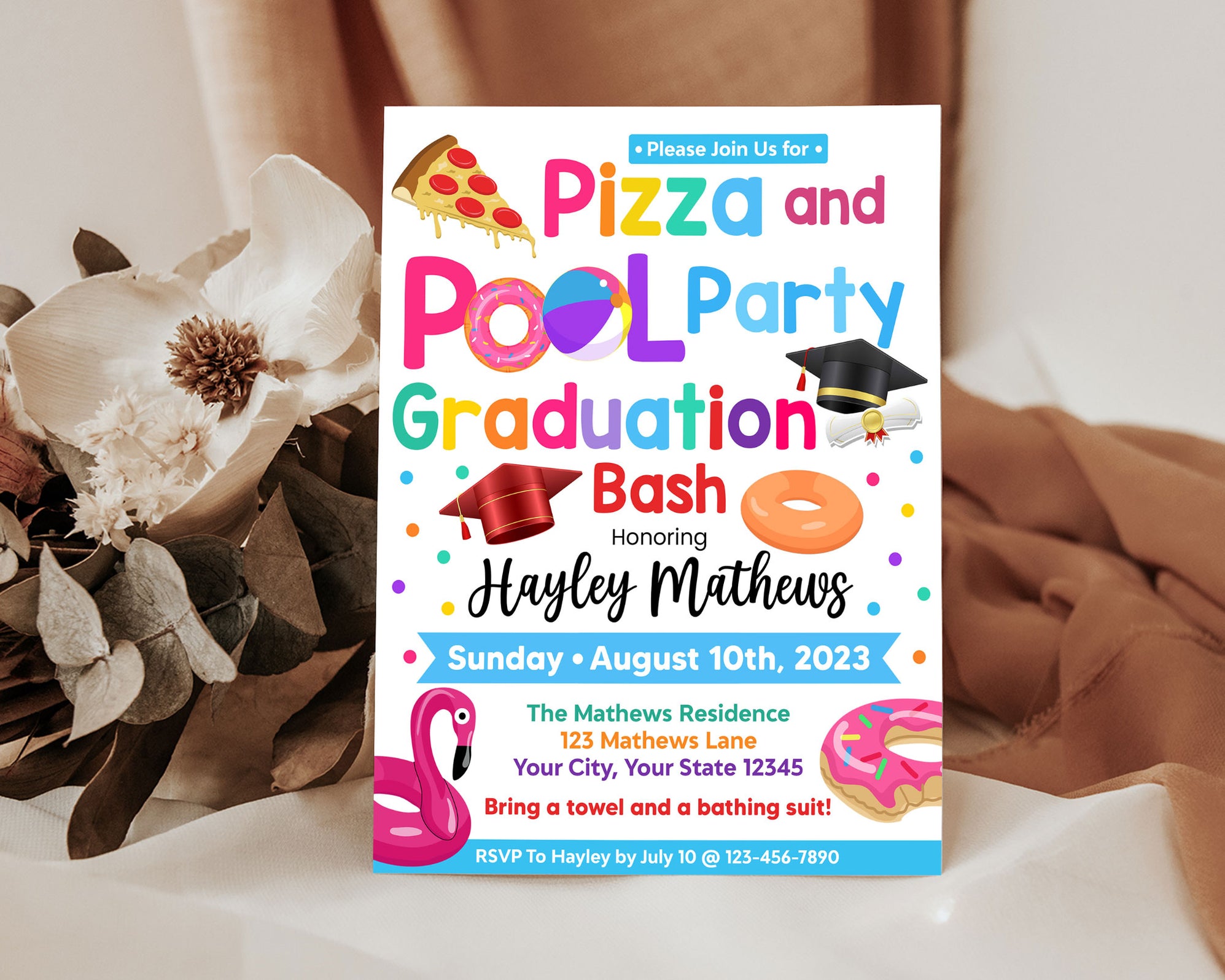 DIY Pizza and Pool Graduation Party Invitation | Graduation Bash Party ...