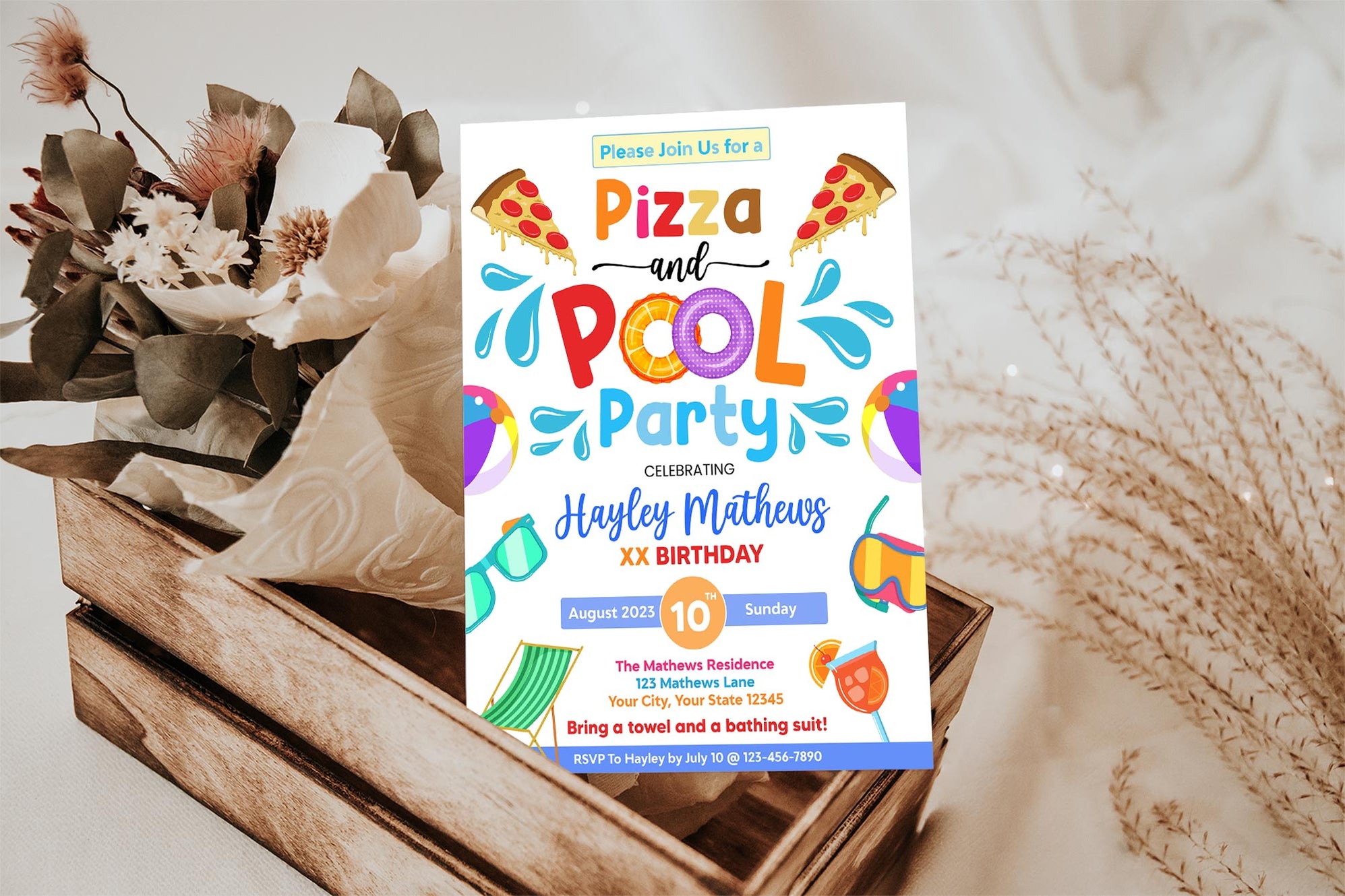 Customizable Pizza and Pool Party Invitation Template | End of School ...