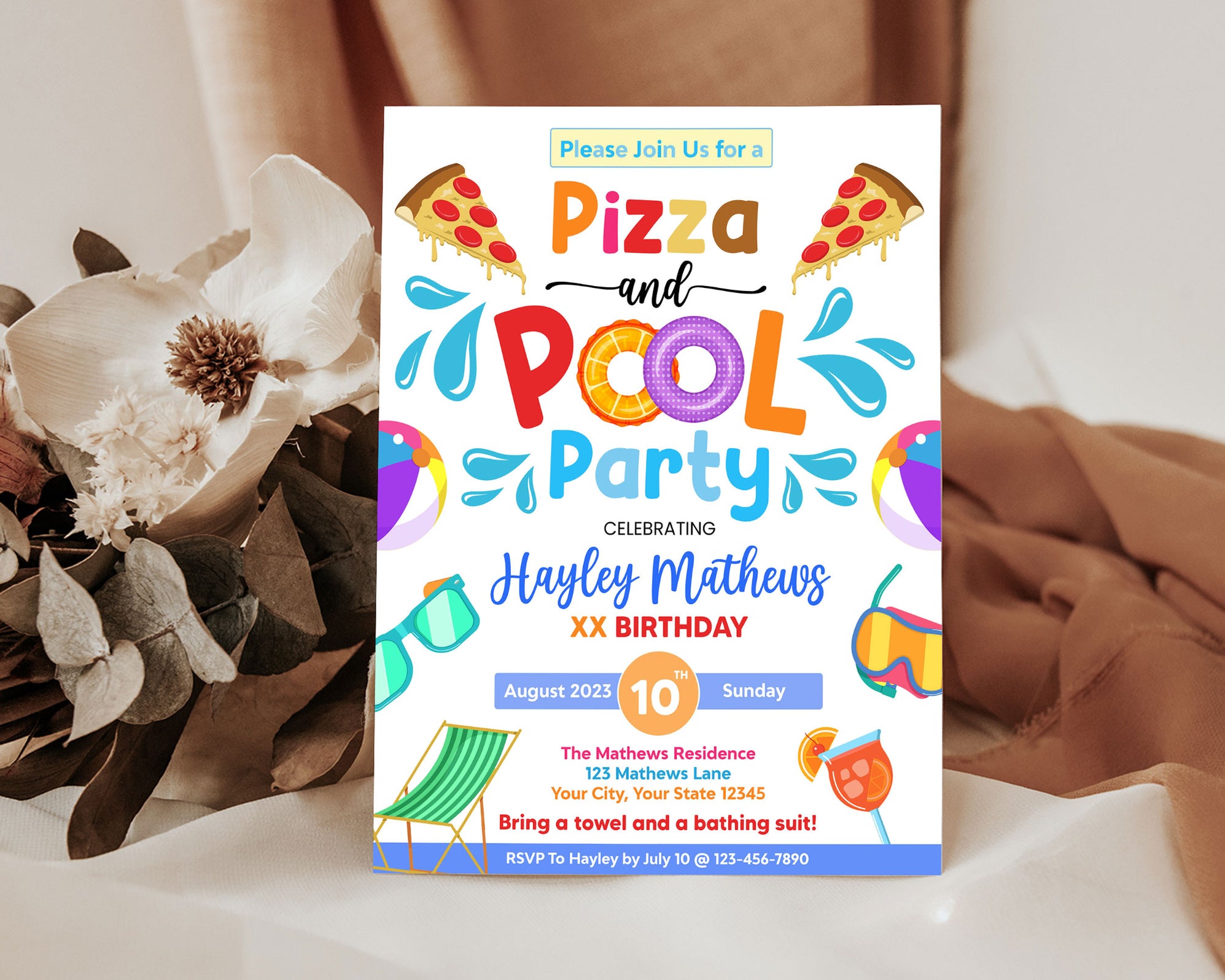 Customizable Pizza and Pool Party Invitation Template | End of School ...