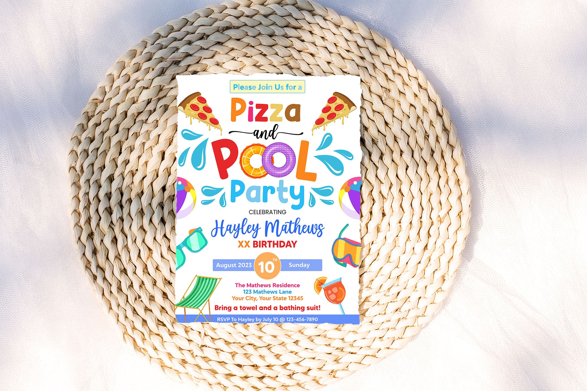 Customizable Pizza and Pool Party Invitation Template | End of School ...