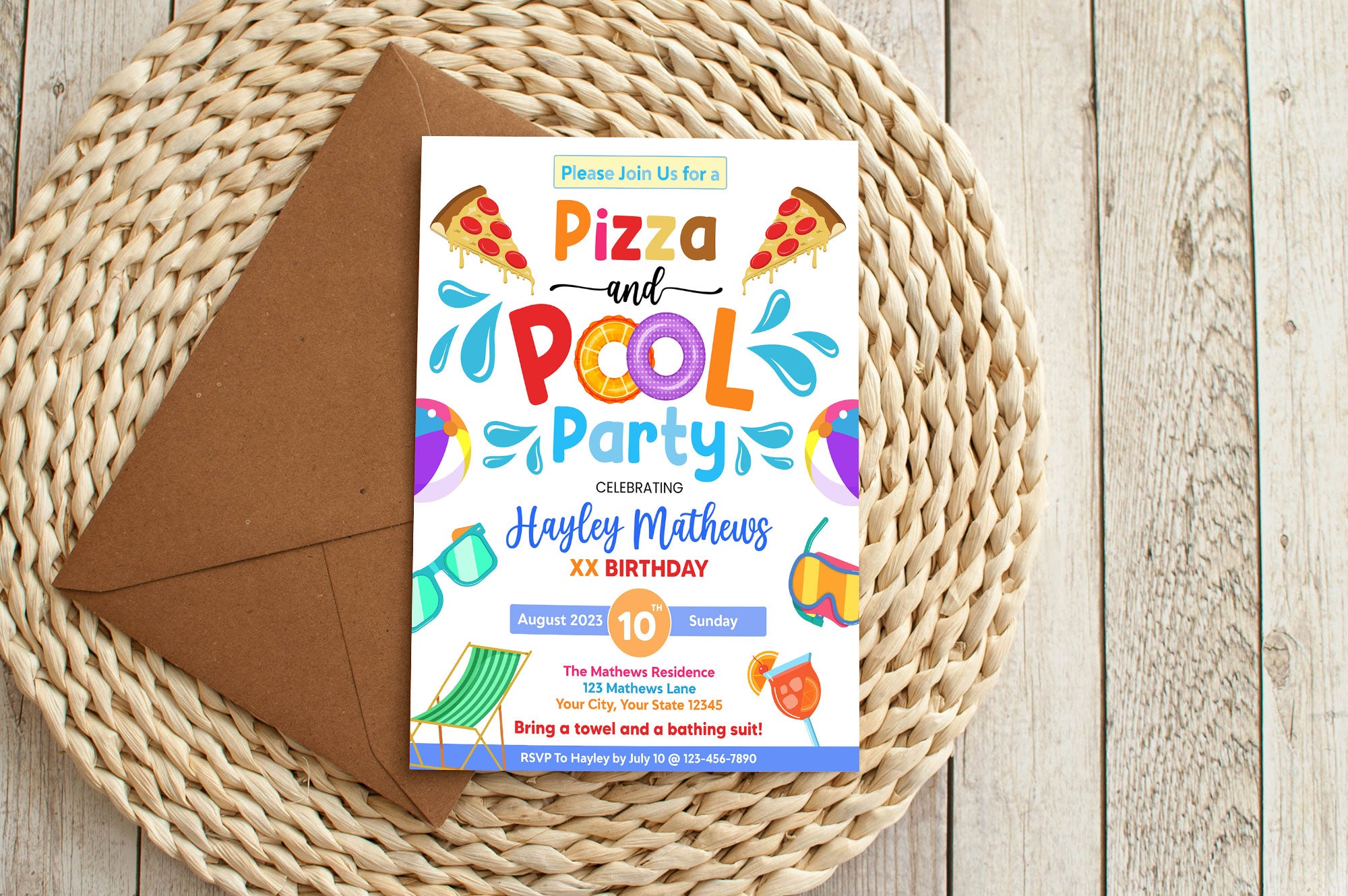 Customizable Pizza and Pool Party Invitation Template | End of School ...