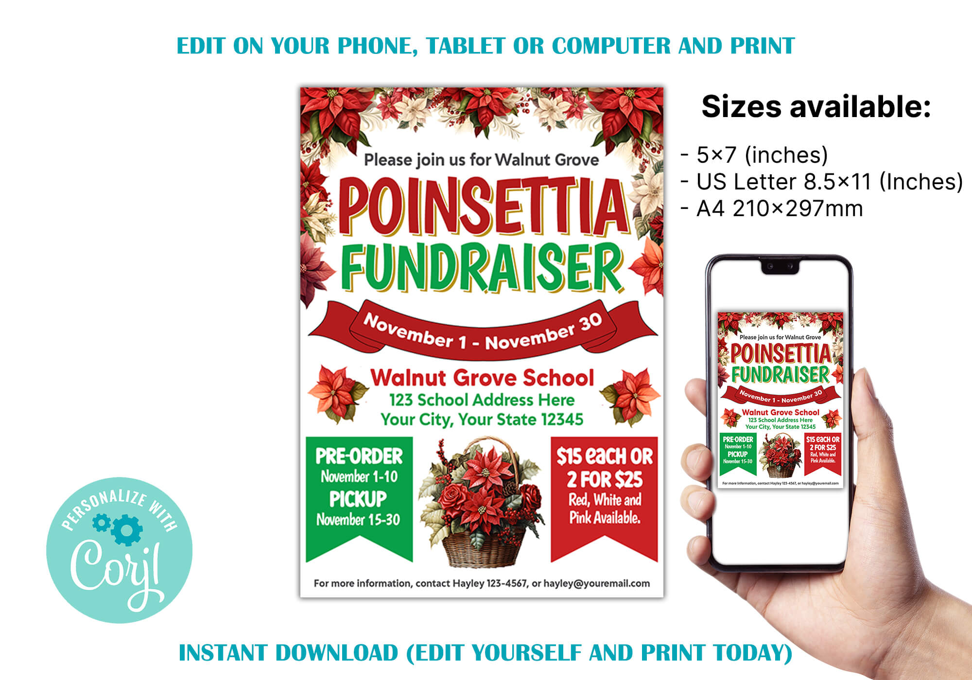 Customizable Poinsettia Fundraiser Flyer & Order Form | Christmas ...