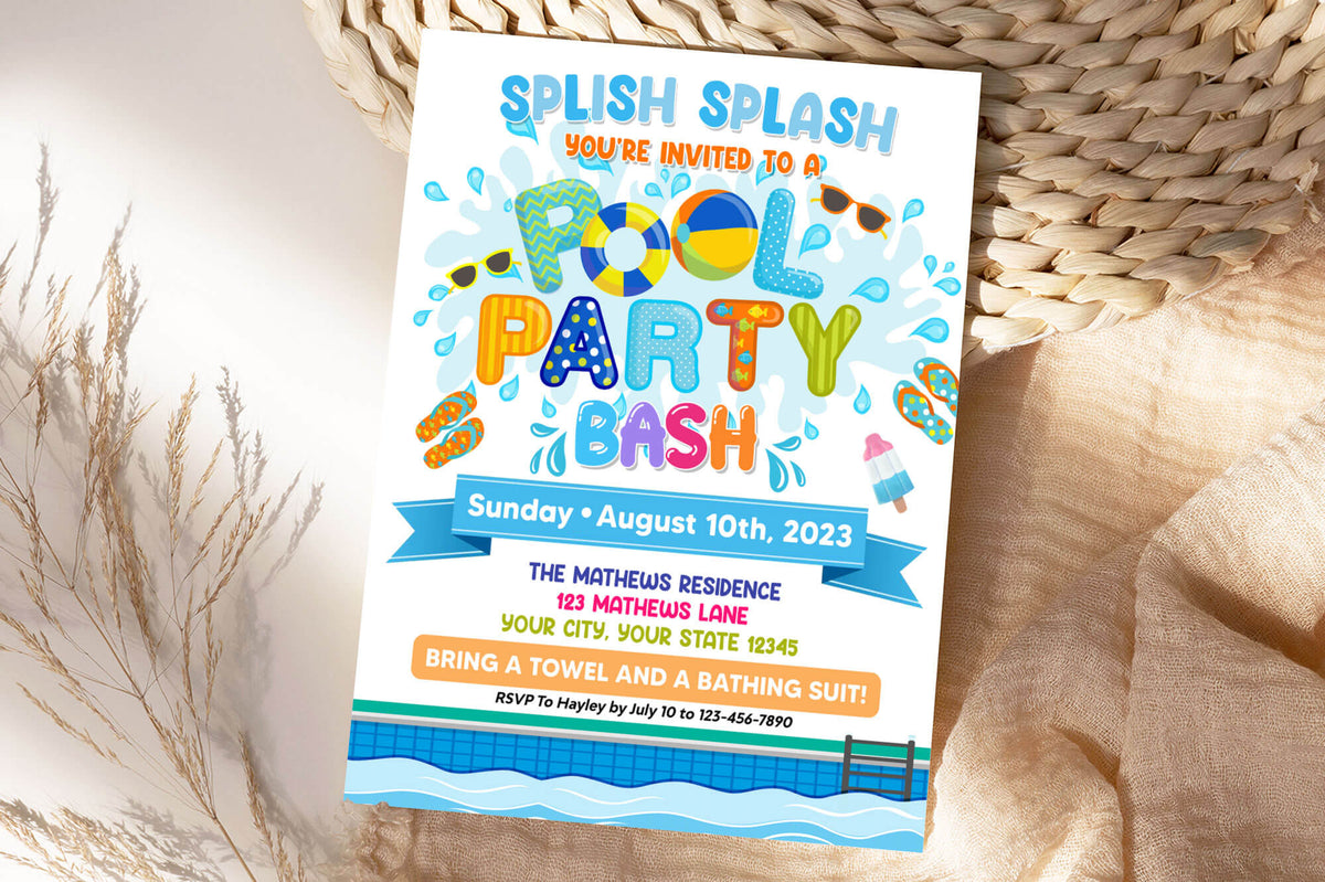 DIY Pool Party Bash Invitation Flyer | Splish Splash Party Bash Invite ...
