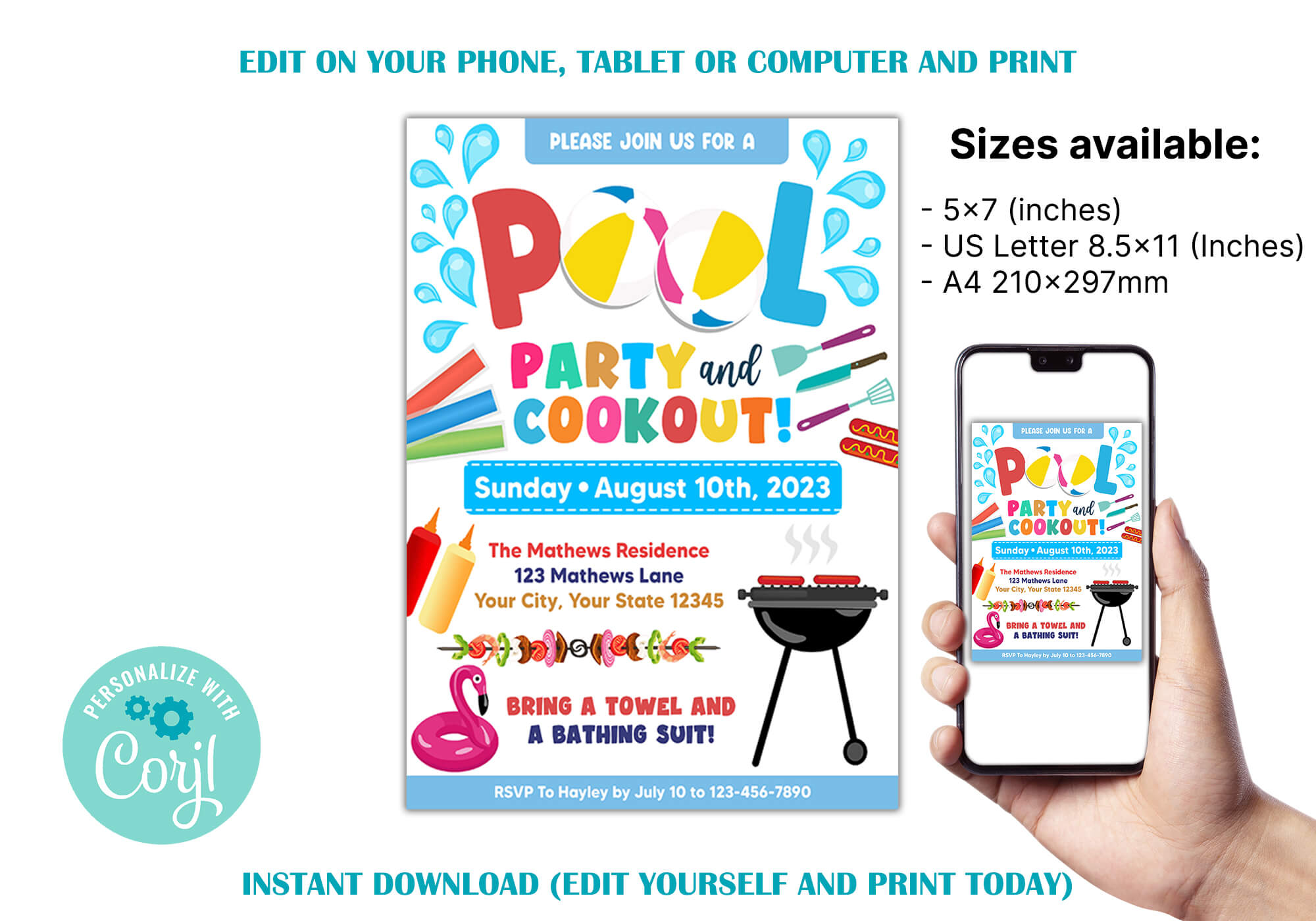 Customizable Pool Party and Cookout Invitation Template | Summer Pool ...