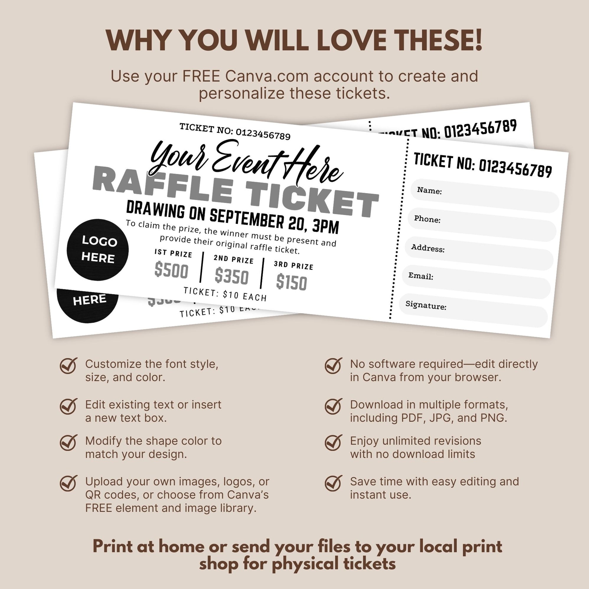 Customizable Raffle Ticket Template for Events | Fundraiser Raffle ...
