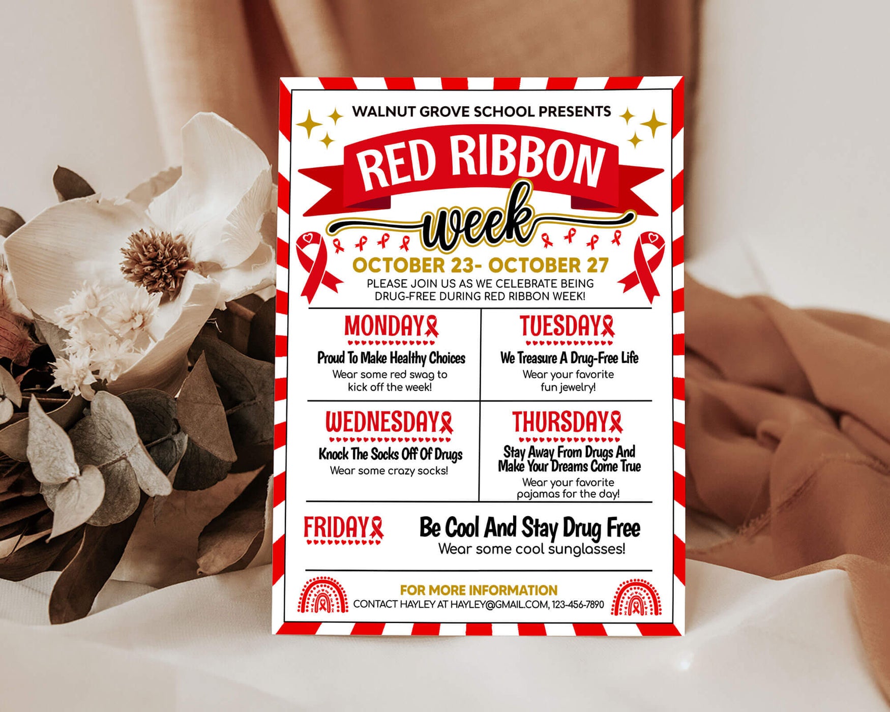DIY Red Ribbon Week Itinerary Flyer | Drug Free School Spirit Week ...