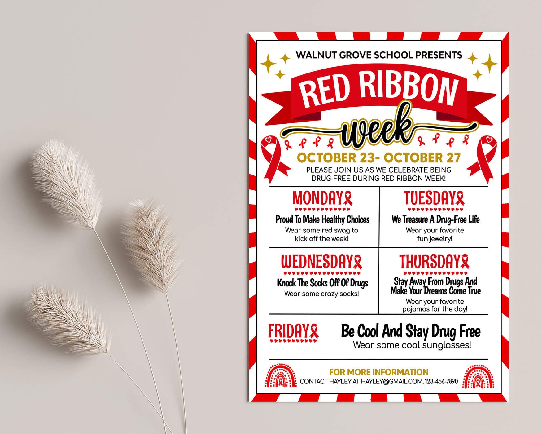 DIY Red Ribbon Week Itinerary Flyer | Drug Free School Spirit Week ...