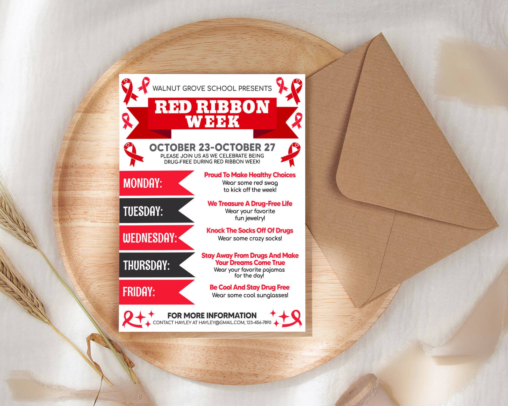 Customizable Red Ribbon Week Itinerary Flyer | School Spirit Week Drug ...