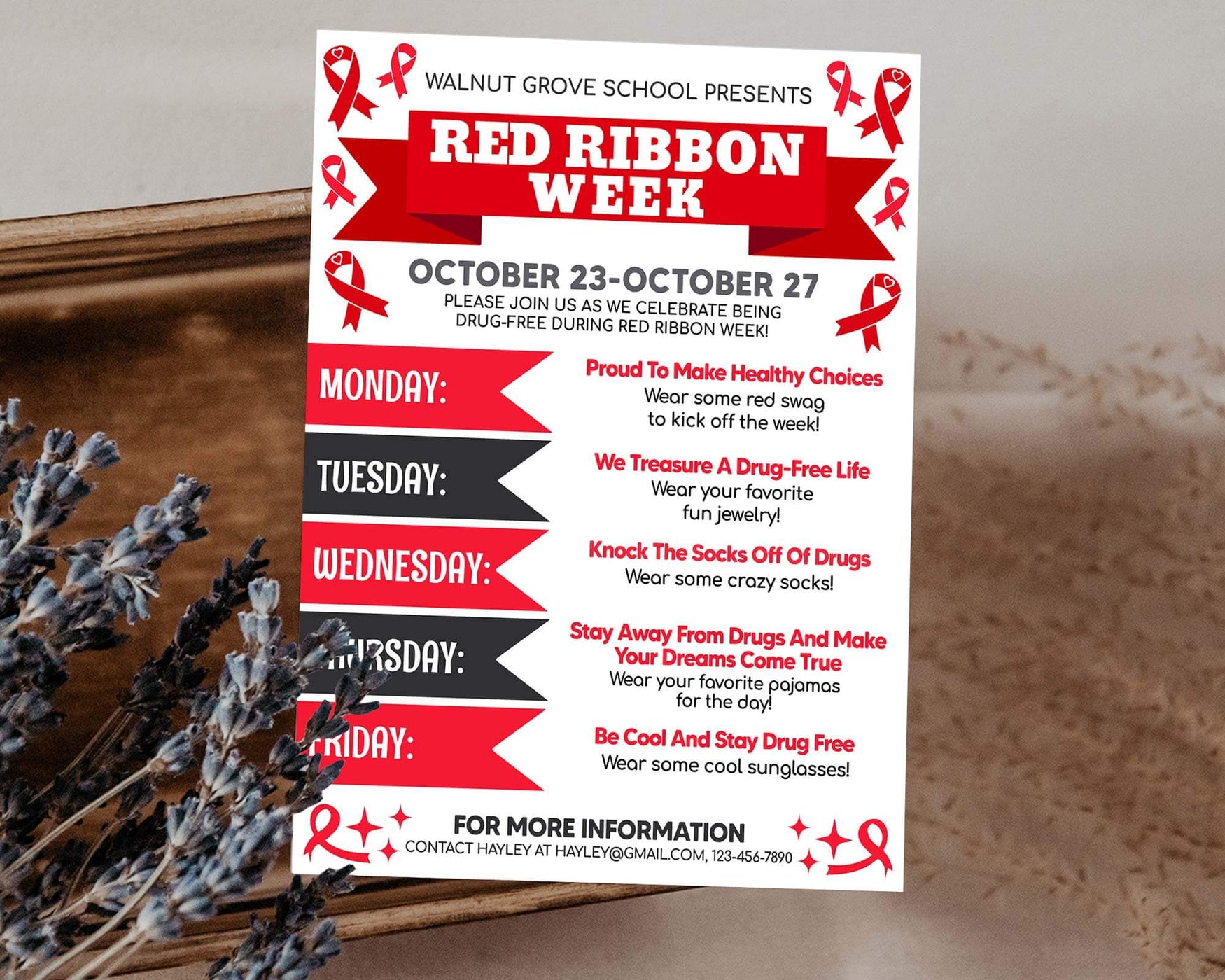 Customizable Red Ribbon Week Itinerary Flyer | School Spirit Week Drug ...