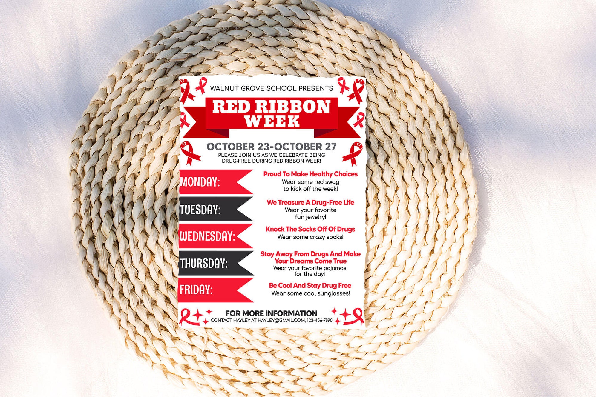 Customizable Red Ribbon Week Itinerary Flyer | School Spirit Week Drug ...