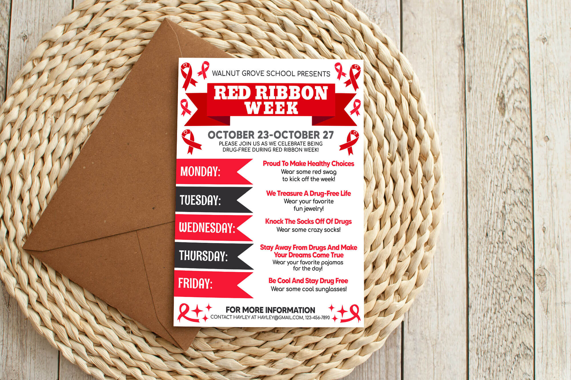 Customizable Red Ribbon Week Itinerary Flyer | School Spirit Week Drug ...