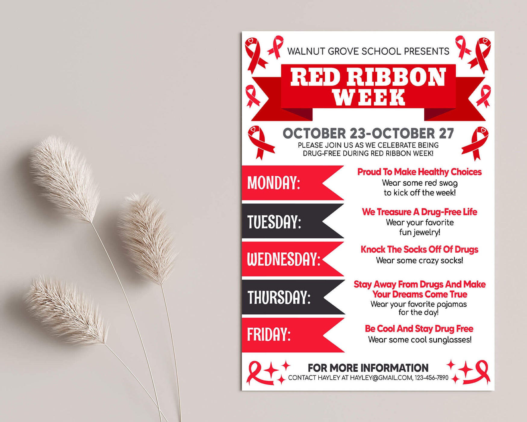 Customizable Red Ribbon Week Itinerary Flyer | School Spirit Week Drug ...