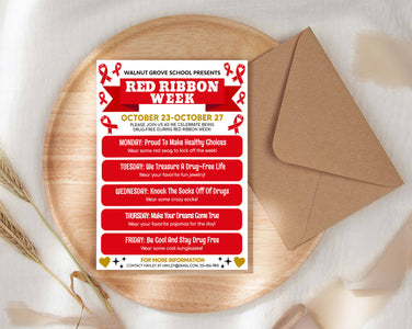Red Ribbon Week Itinerary Flyer Template | Drug Free School Spirit Week ...