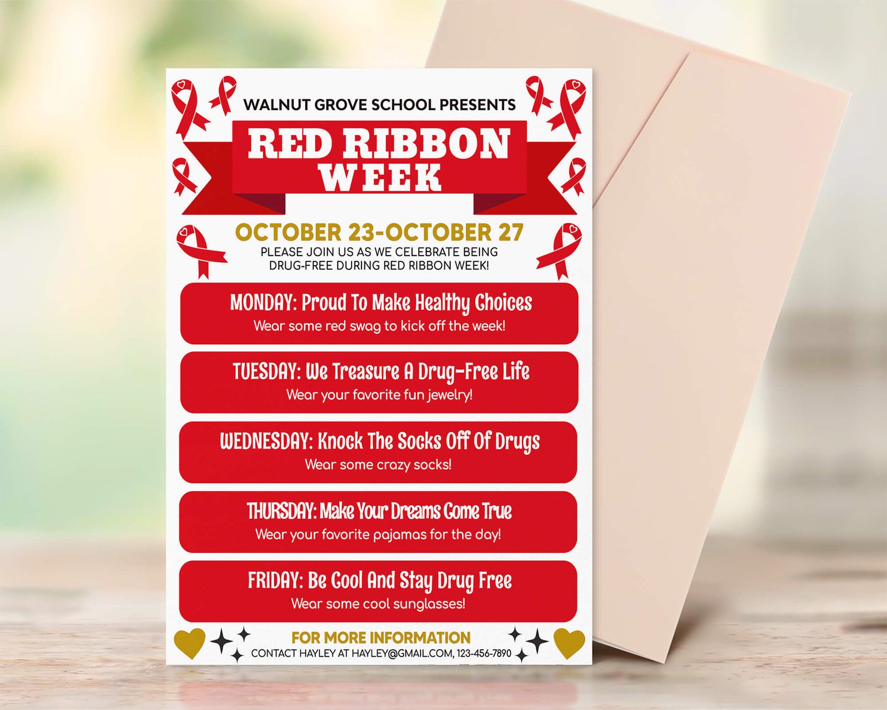 Red Ribbon Week Itinerary Flyer Template | Drug Free School Spirit Week ...