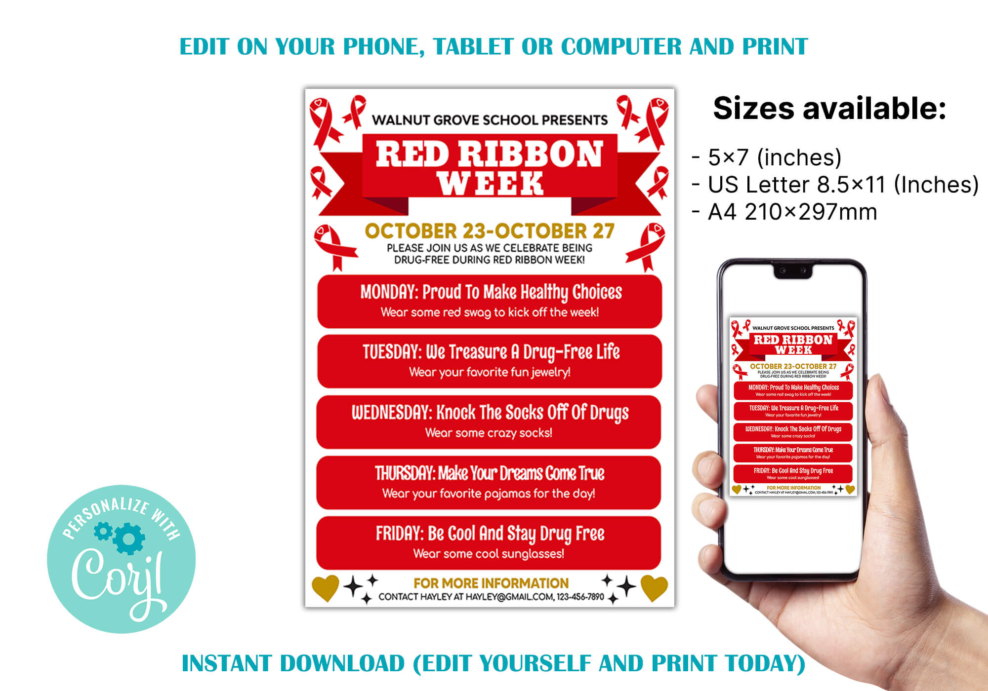 Red Ribbon Week Itinerary Flyer Template | Drug Free School Spirit Week ...