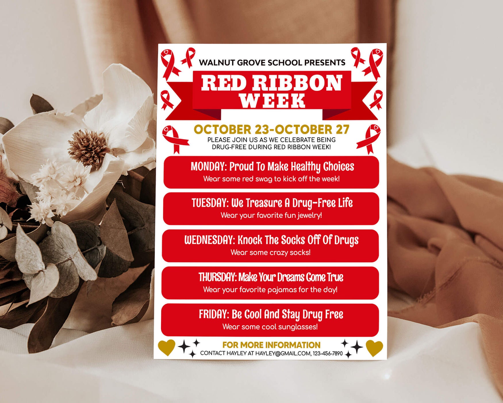 Red Ribbon Week Itinerary Flyer Template | Drug Free School Spirit Week ...