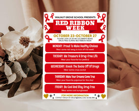 Red Ribbon Week Itinerary Flyer Template | Drug Free School Spirit Week ...