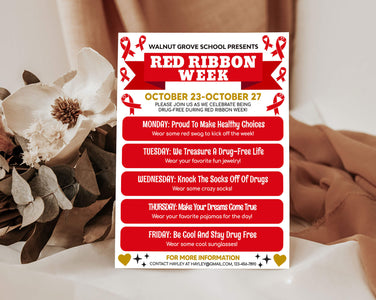 Red Ribbon Week Itinerary Flyer Template | Drug Free School Spirit Week ...